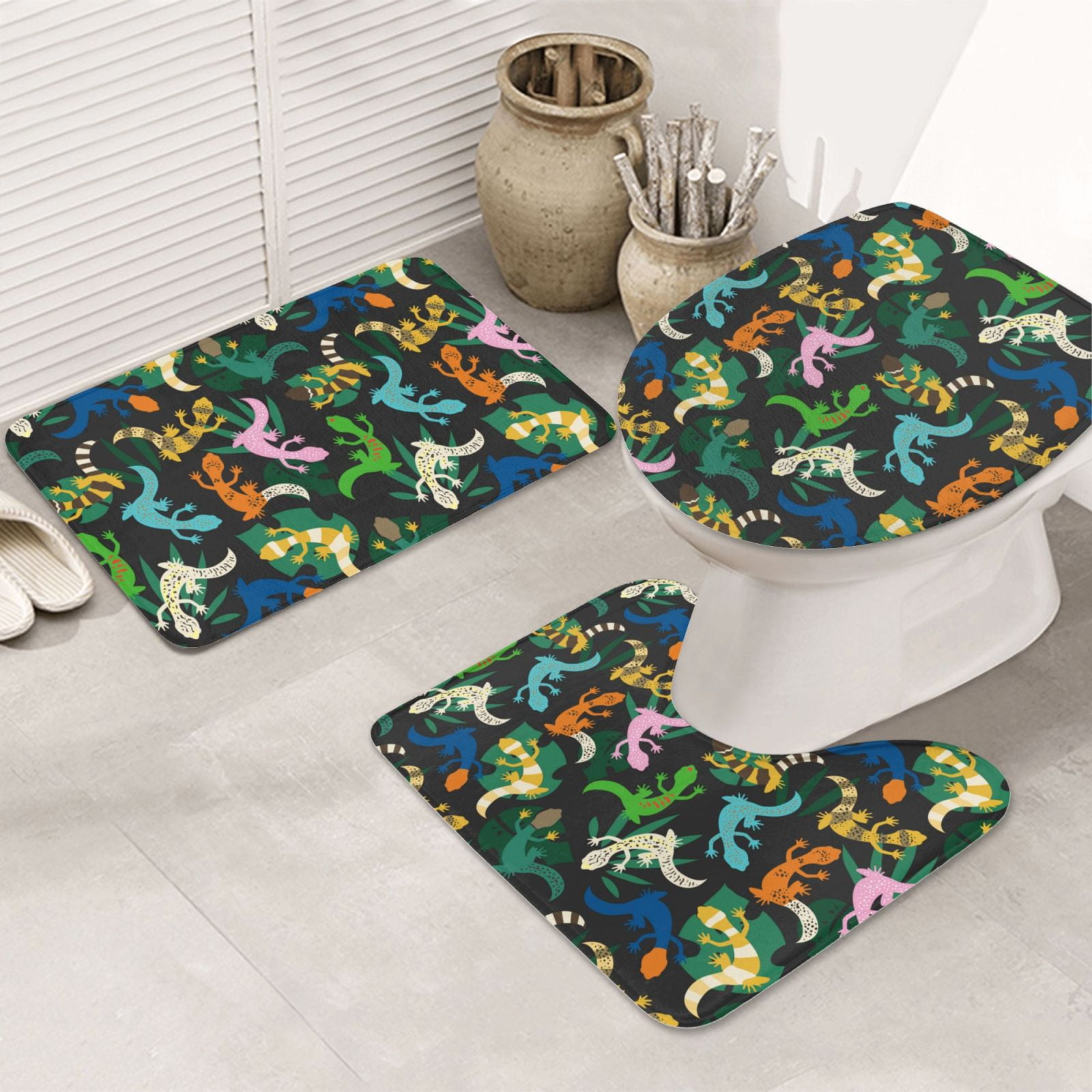 Bathroom Rugs Sets 3 Piece Striped Cute Lizard Gecko Plant_A Soft Non ...