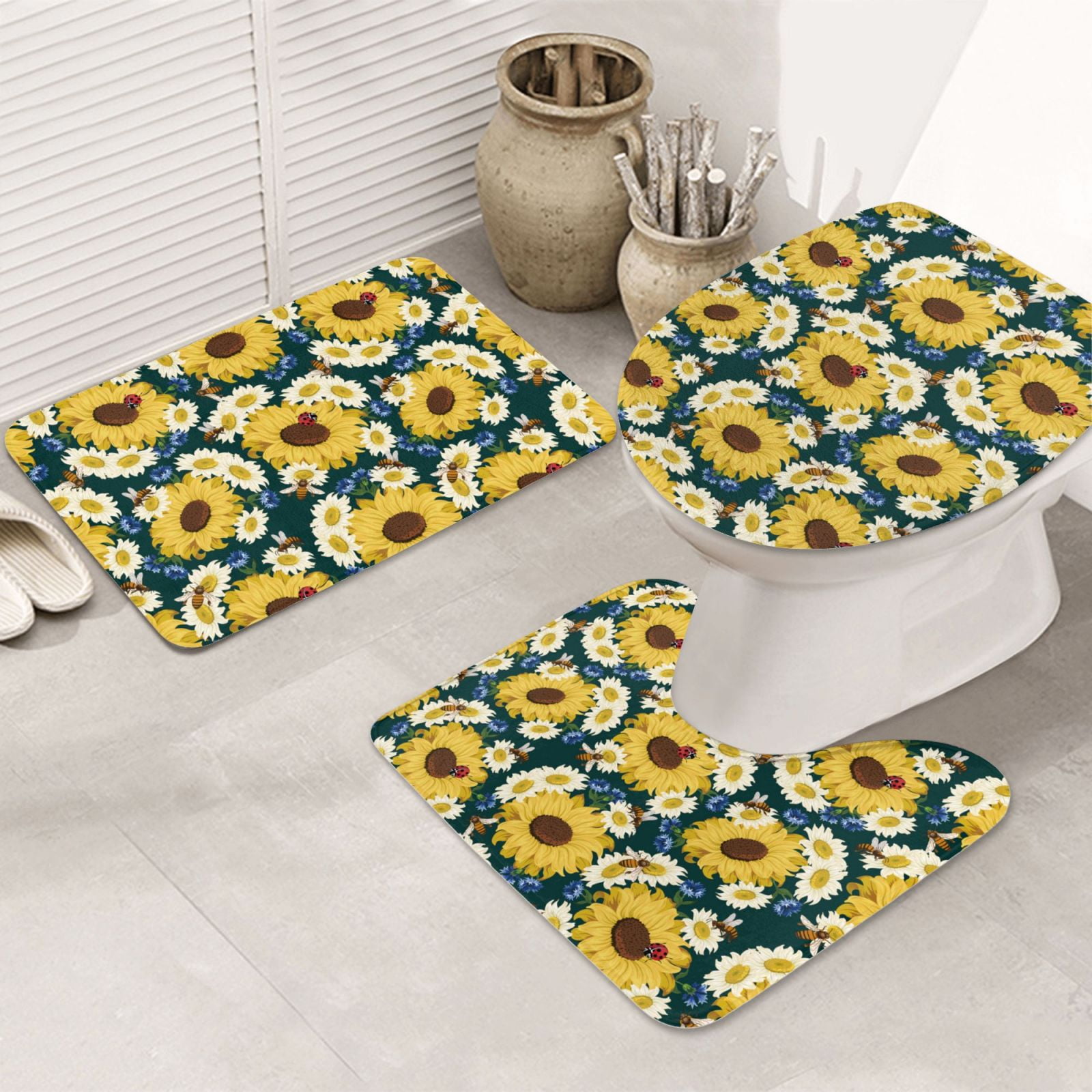 Bathroom Rugs Sets 3 Piece - Sunflowers Yellow White Absorbent Non Slip ...