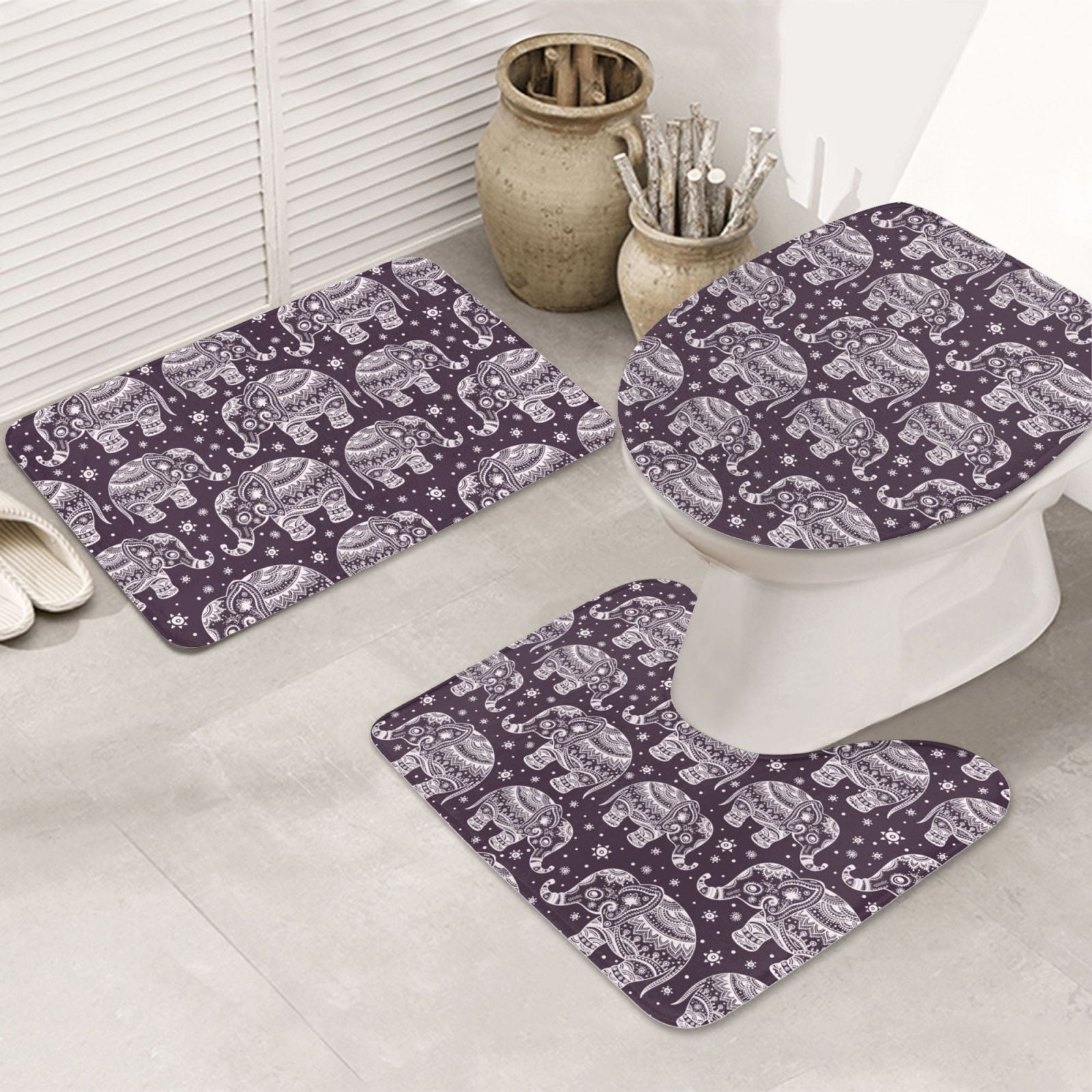 Bathroom Rugs Sets 3 Piece - Vintage Indian lotus elephant Absorbent ...