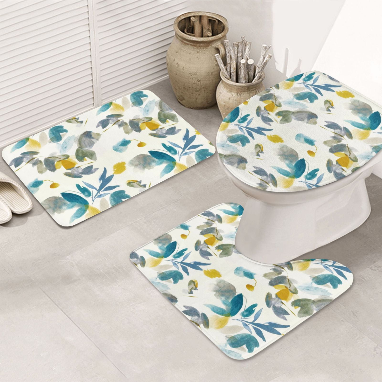 Bathroom Rugs Sets 3 Piece - Watercolor leaves Absorbent Non Slip Bath ...