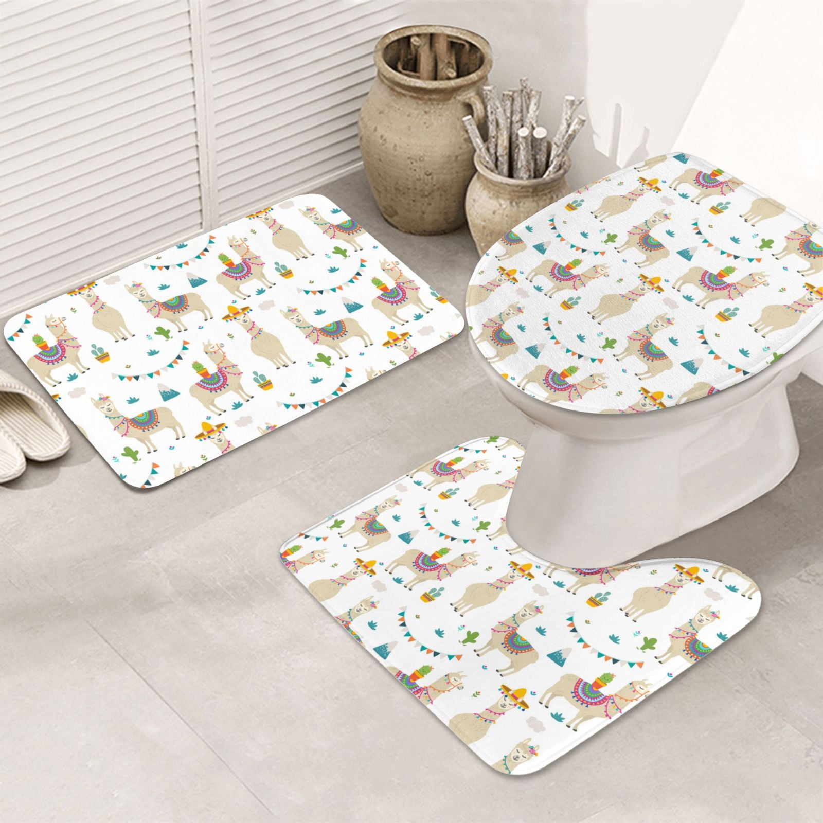 Bathroom Rugs Sets 3 Piece - Western Style Cute Alpaca Cactus Non Slip ...