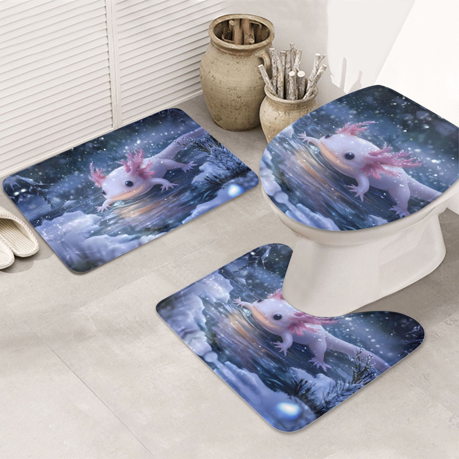 Bathroom Rugs Sets 3 Piece Winter Axolotl in Frozen Pond Soft Non Slip ...