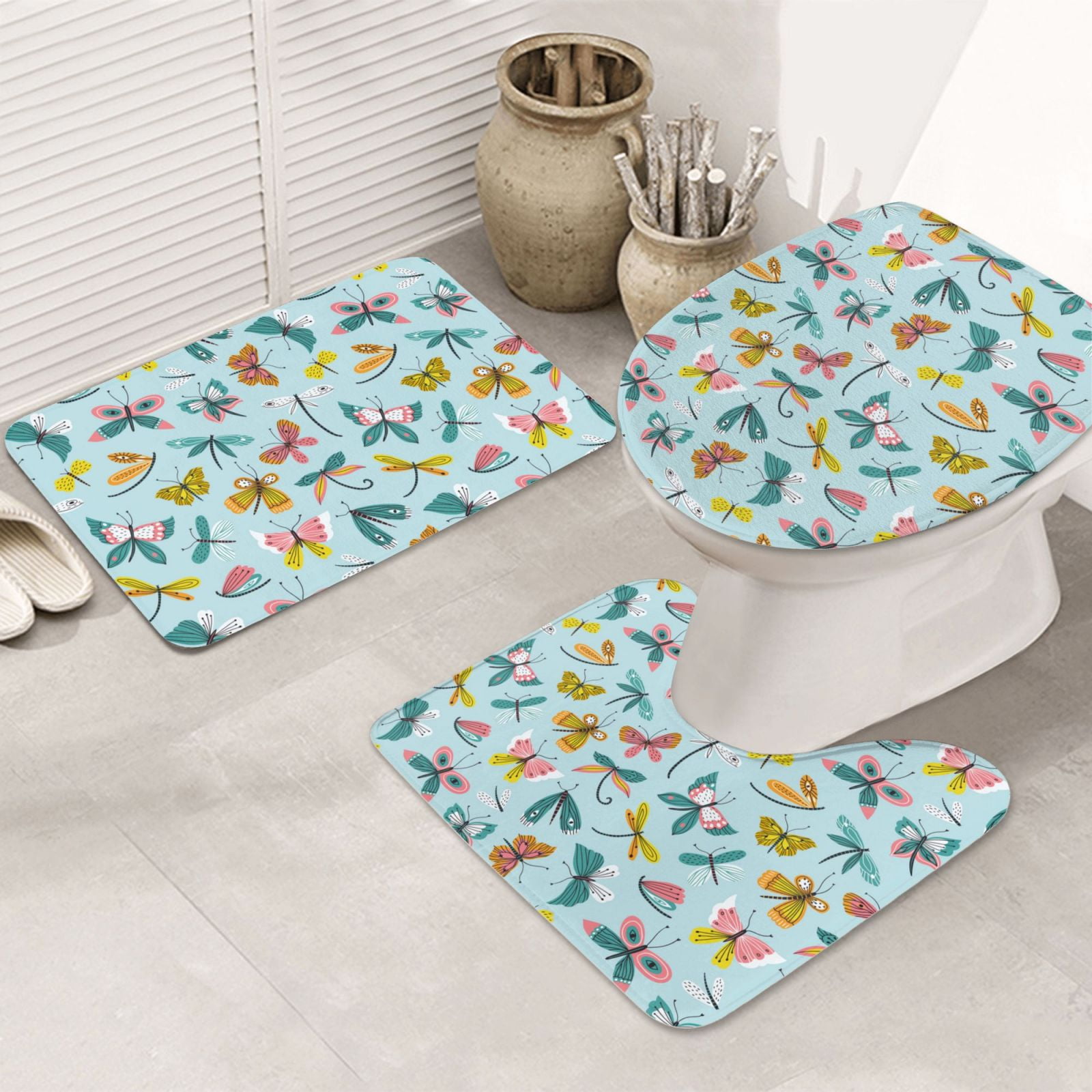 Bathroom Rugs Sets 3 Piece - Yellow Green Dragonfly Butterfly Absorbent ...