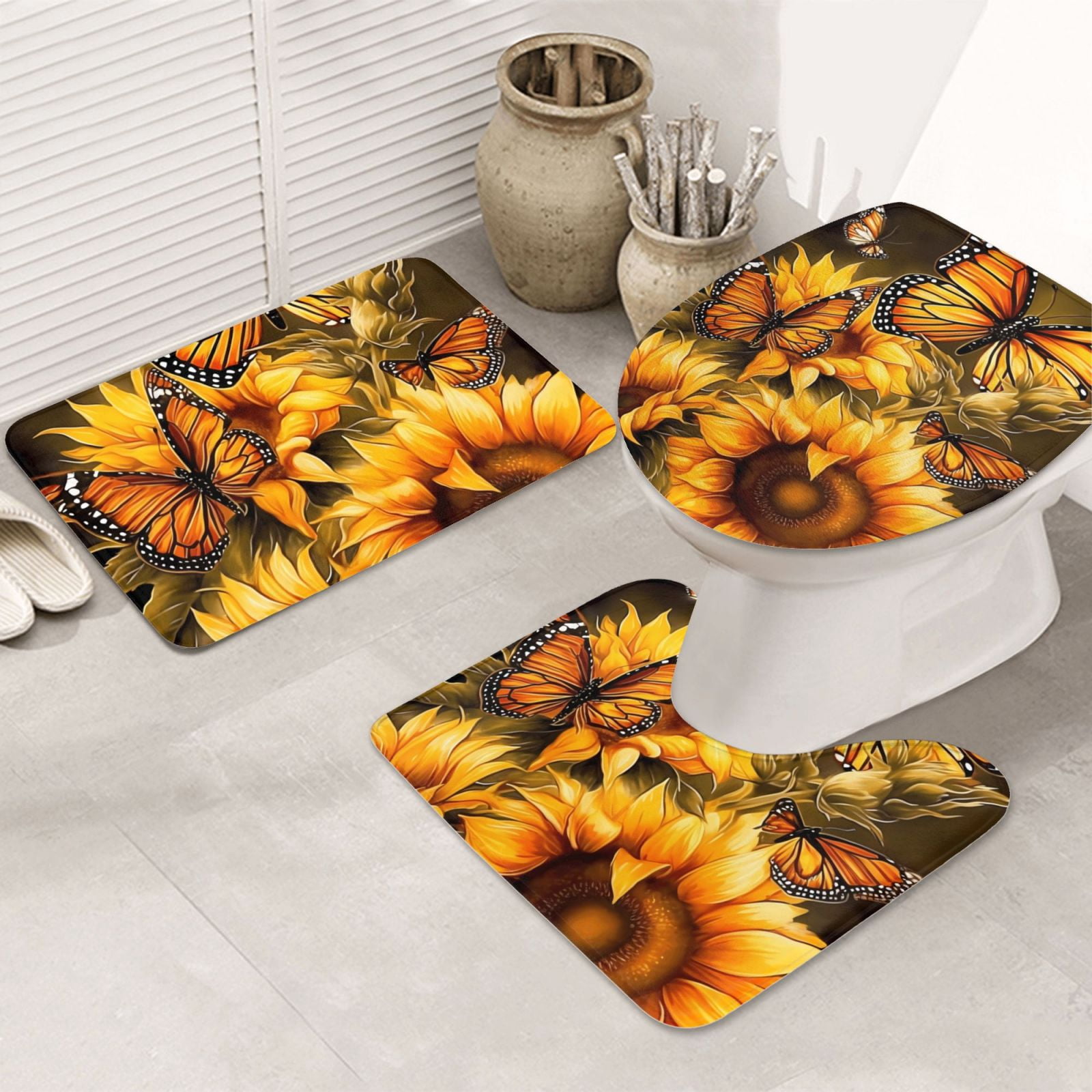 Bathroom Rugs Sets 3 Piece - Yellow Sunflower Butterfly A Absorbent Non ...