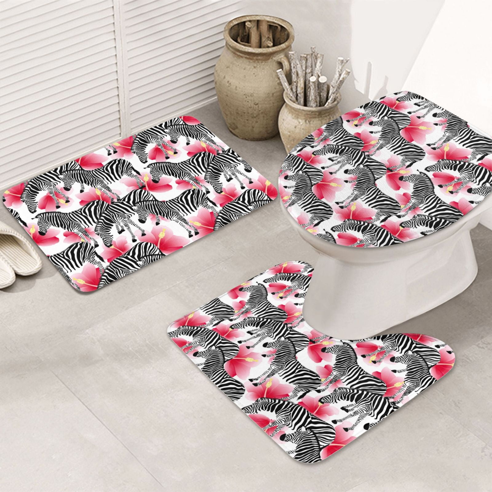 Bathroom Rugs Sets 3 Piece, Zebra pink hibiscus flower Bath Mats for ...