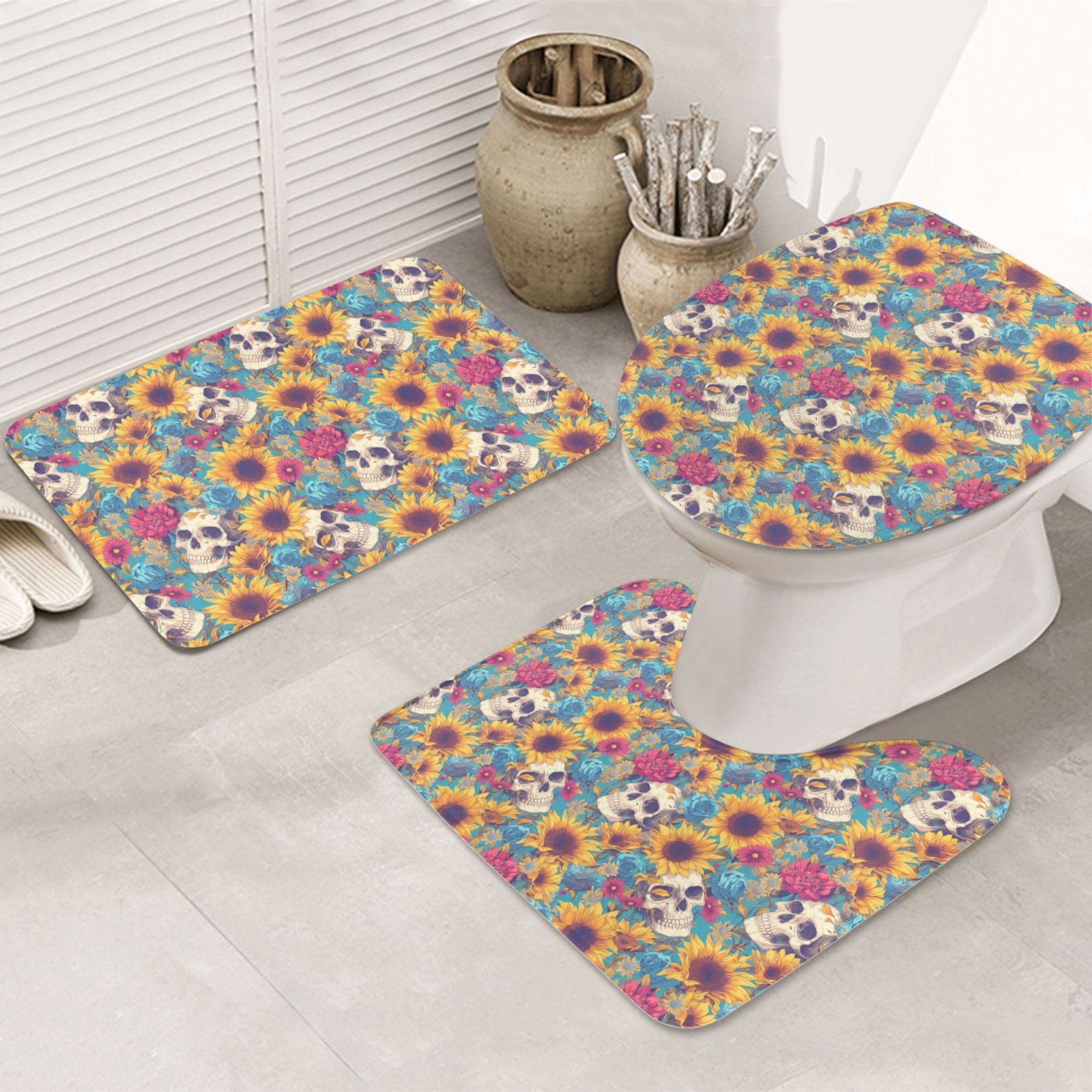 Bathroom Rugs Sets 3 Piece - colorful Skull sunflower Absorbent Non ...