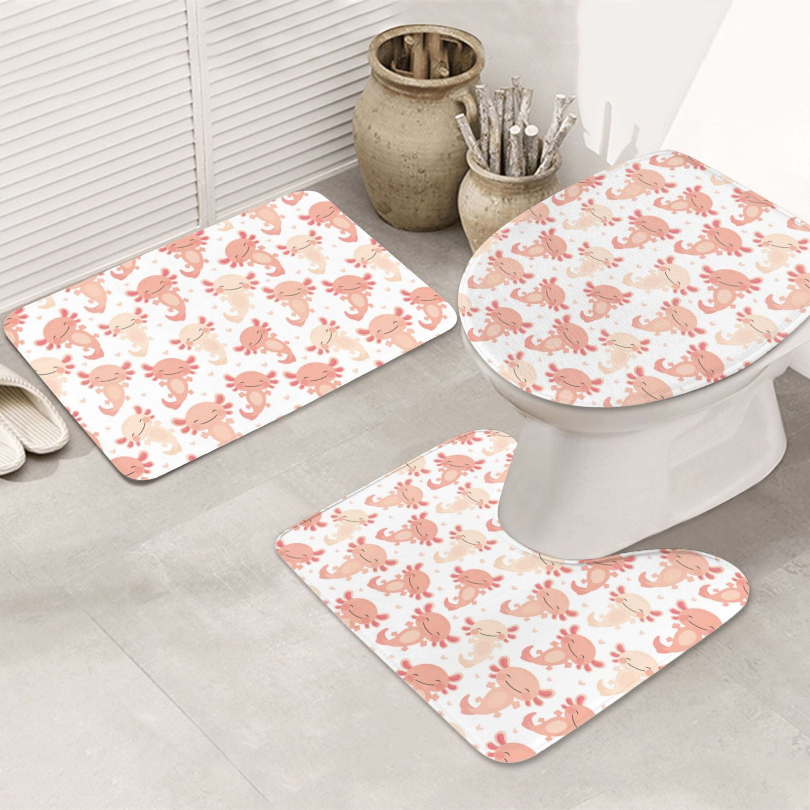 Bathroom Rugs Sets 3 Piece - cute kawaii pink axolotl Non Slip Washable ...