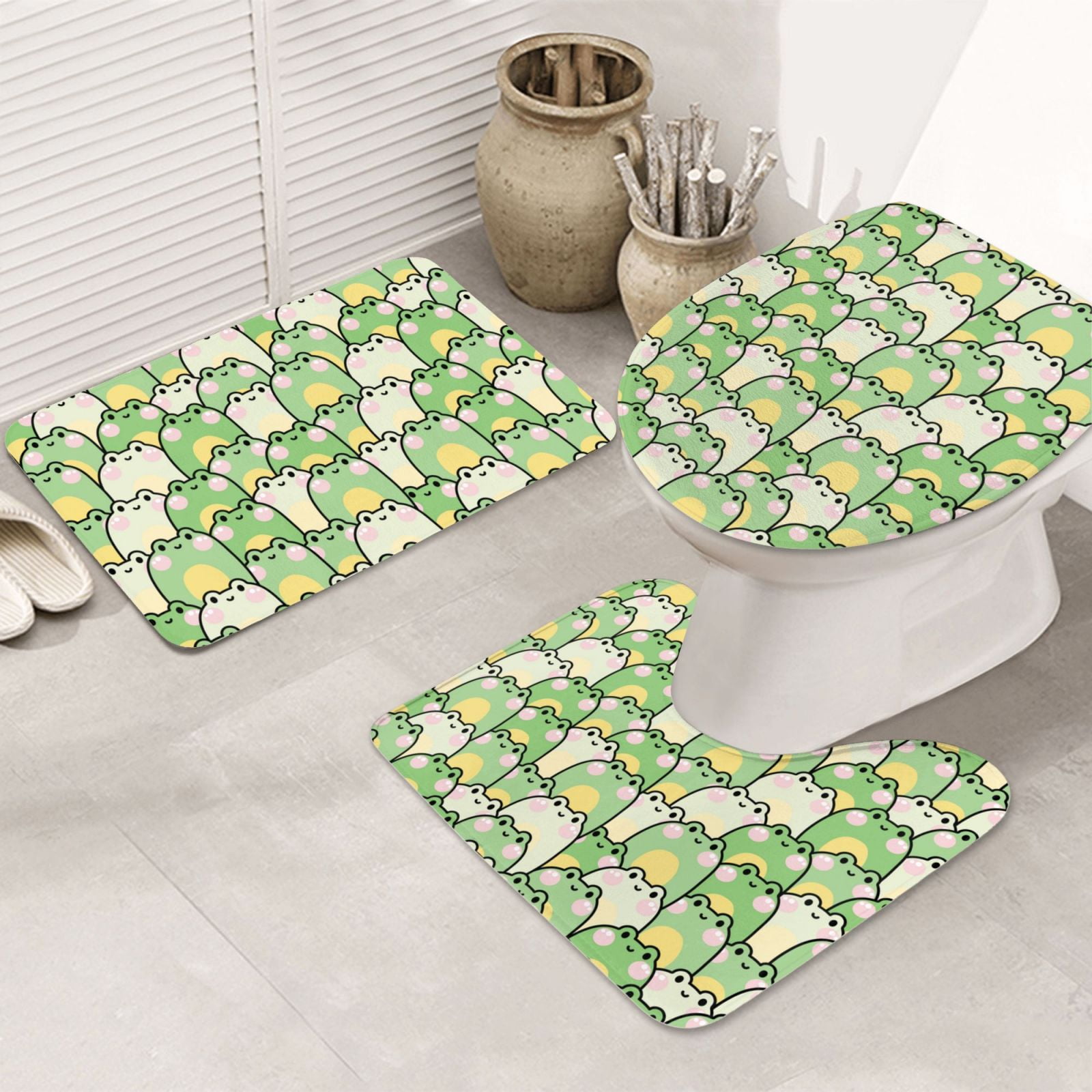 Bathroom Rugs Sets 3 Piece, cute smile frog green Kawaii Bath Mats for ...