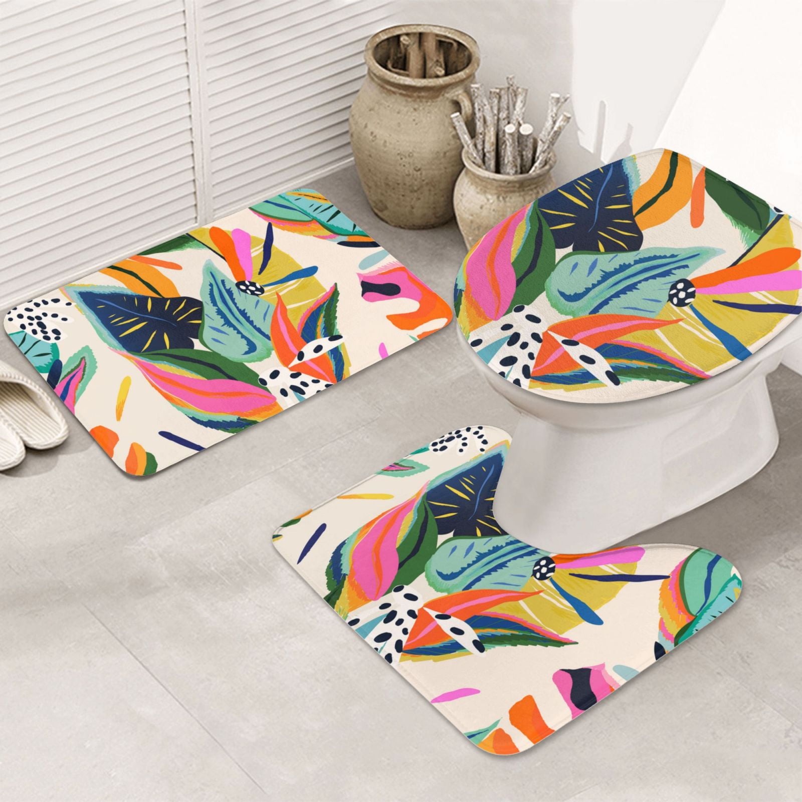 Bathroom Rugs Sets 3 Piece - floral jungle pattern Absorbent Non Slip ...