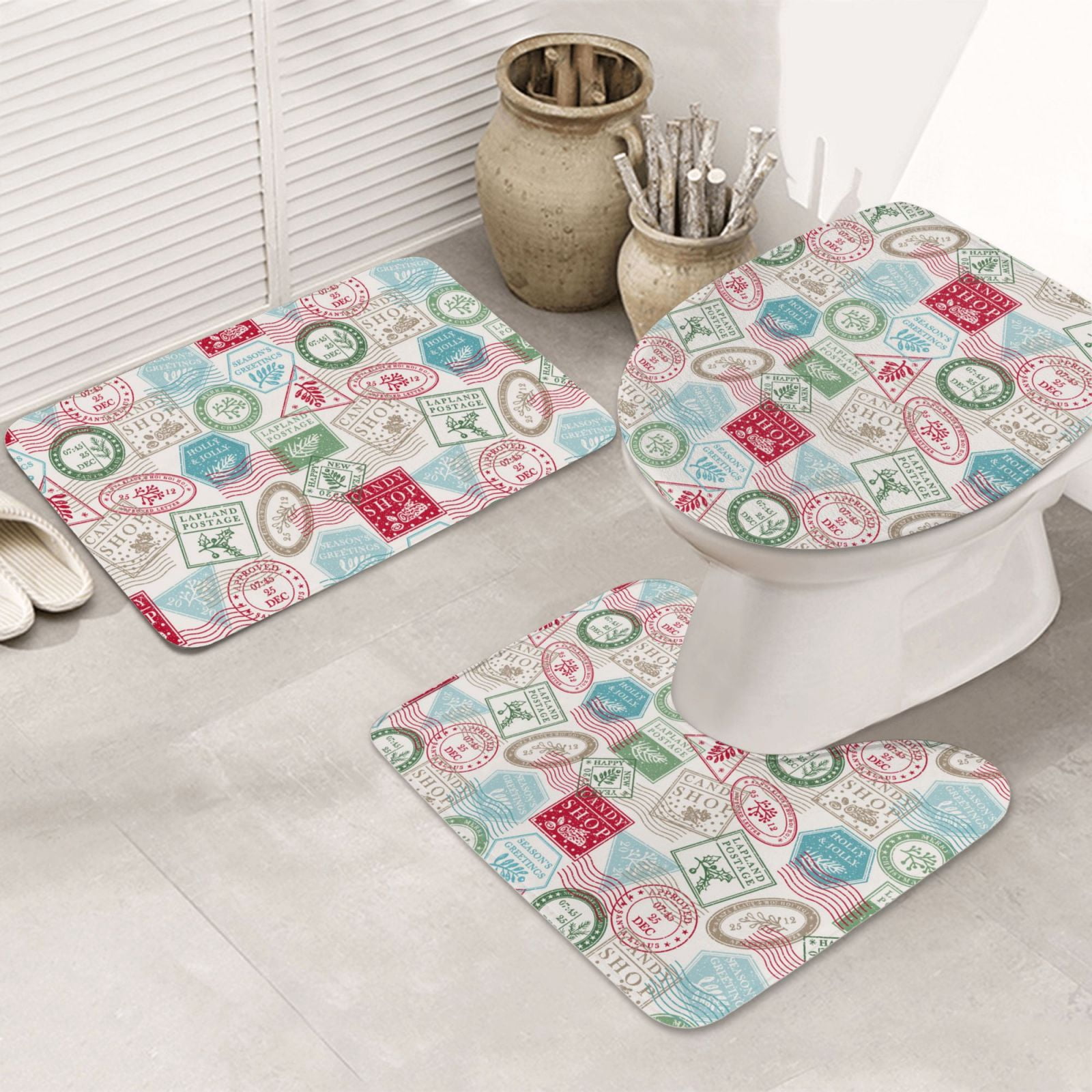 Bathroom Rugs Sets 3 Piece - funny Postmark Pattern Absorbent Non Slip ...