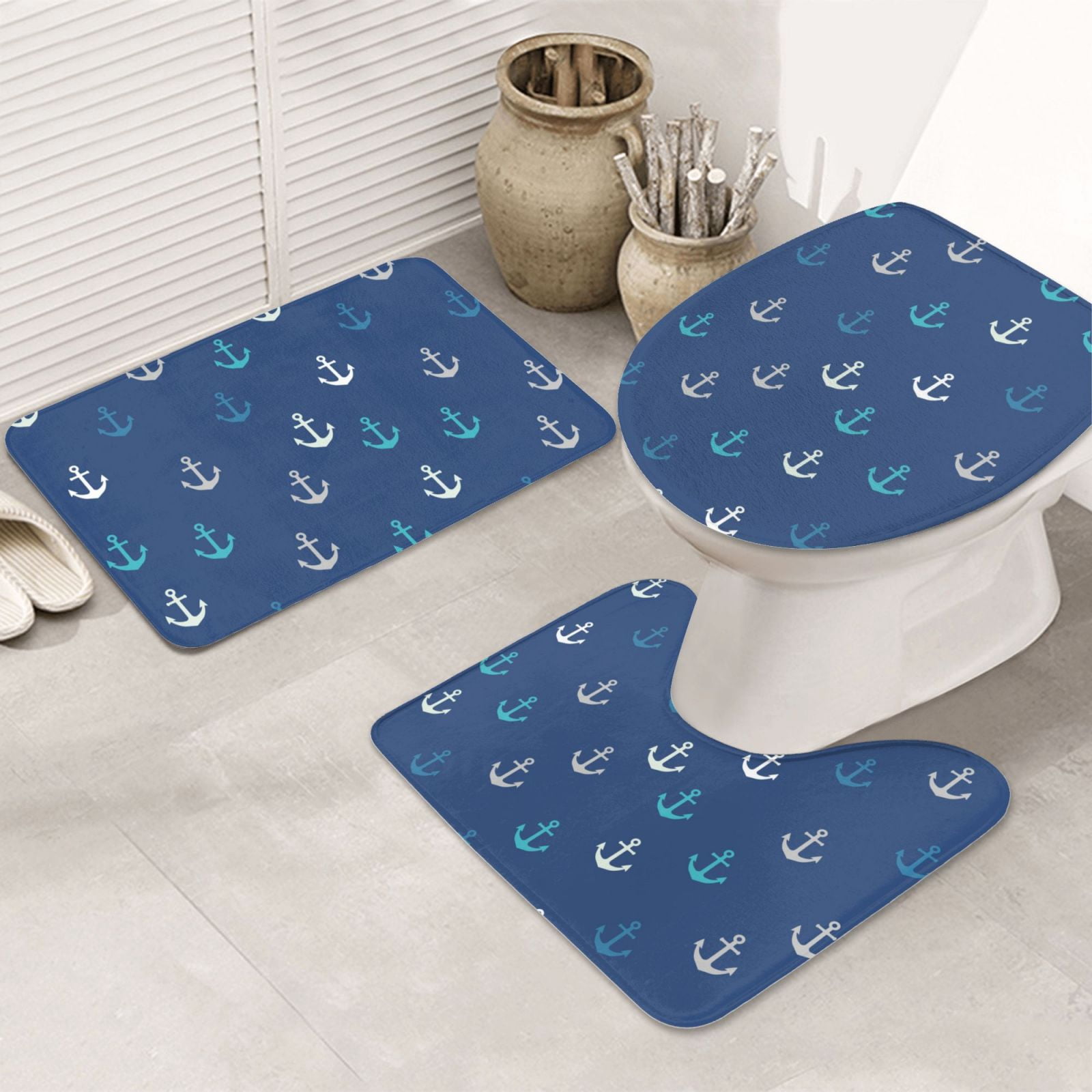 Bathroom Rugs Sets 3 Piece - ship anchor navyblue cool Absorbent Non ...