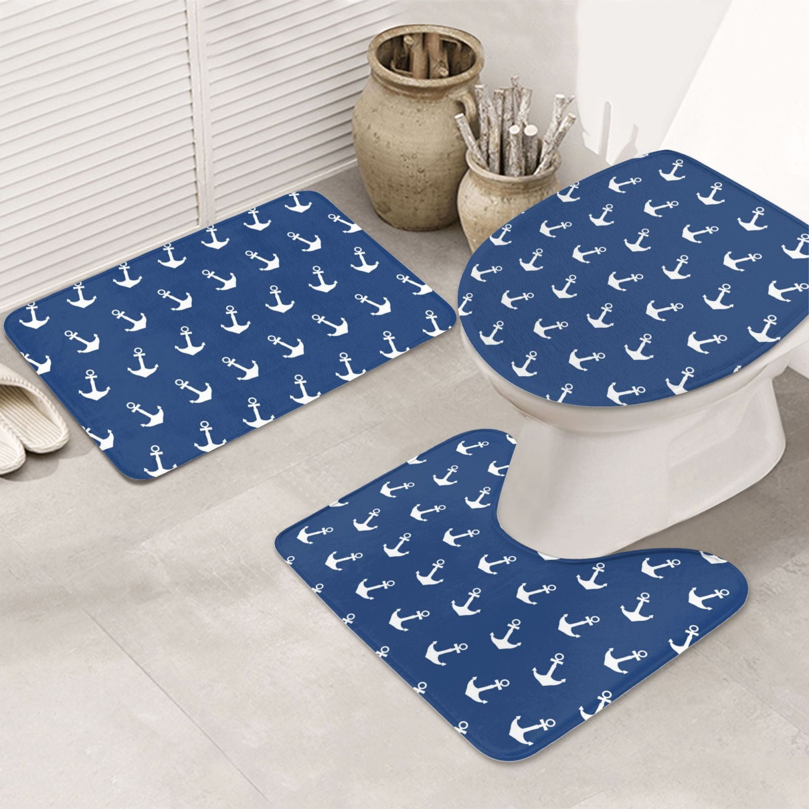 Bathroom Rugs Sets 3 Piece white anchor darkblue print Soft Non Slip ...