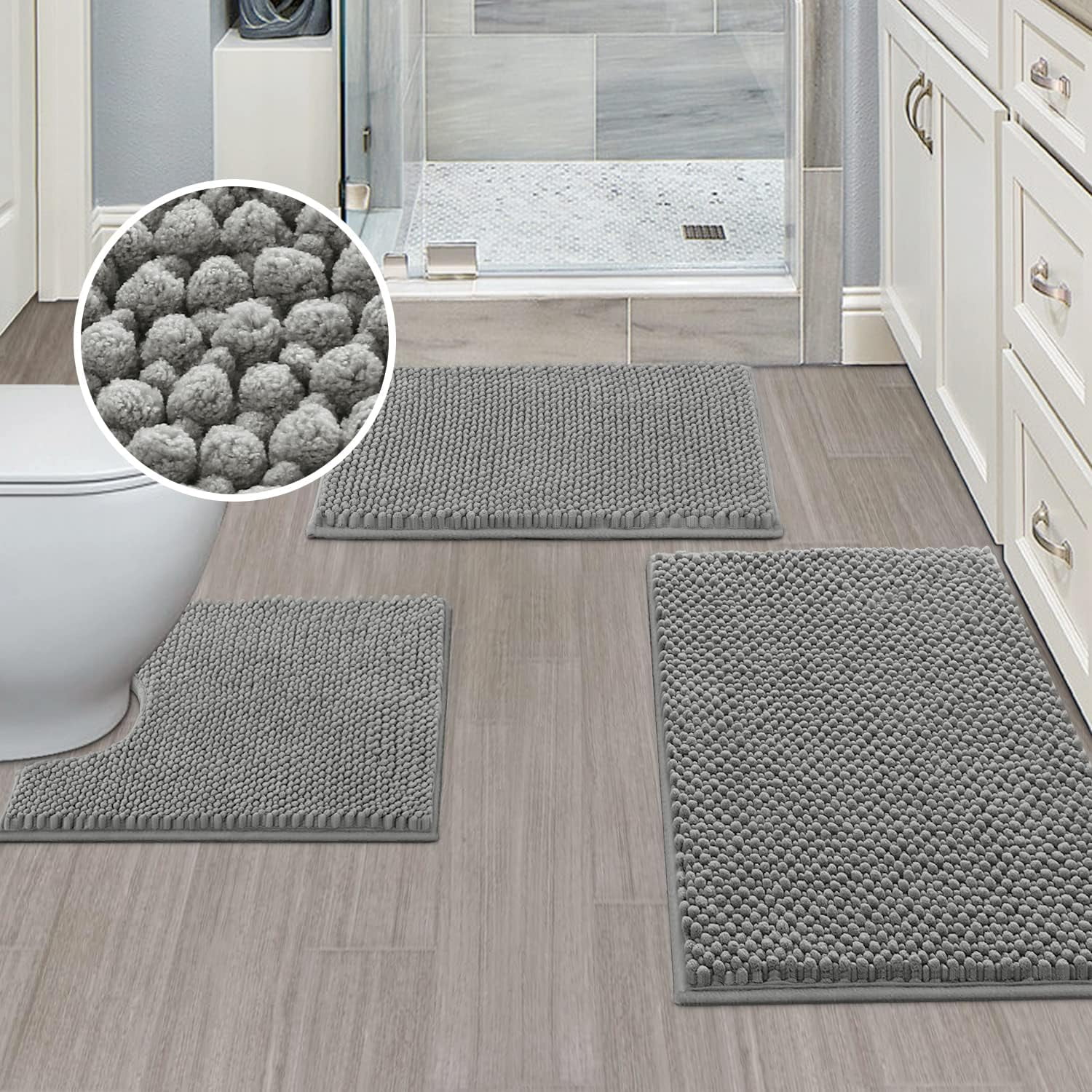 Bathroom Rugs Sets 3 Pieces Non Slip Extra Absorbent Chenille Shaggy ...
