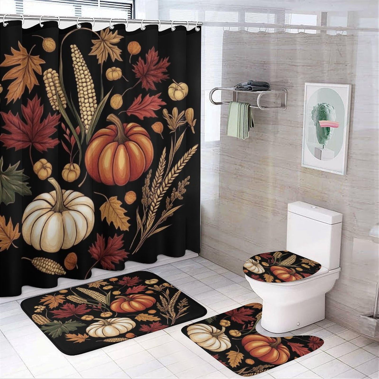 Bathroom Rugs Sets 4 Piece with Shower Curtain, Autumn Leaves Pattern ...