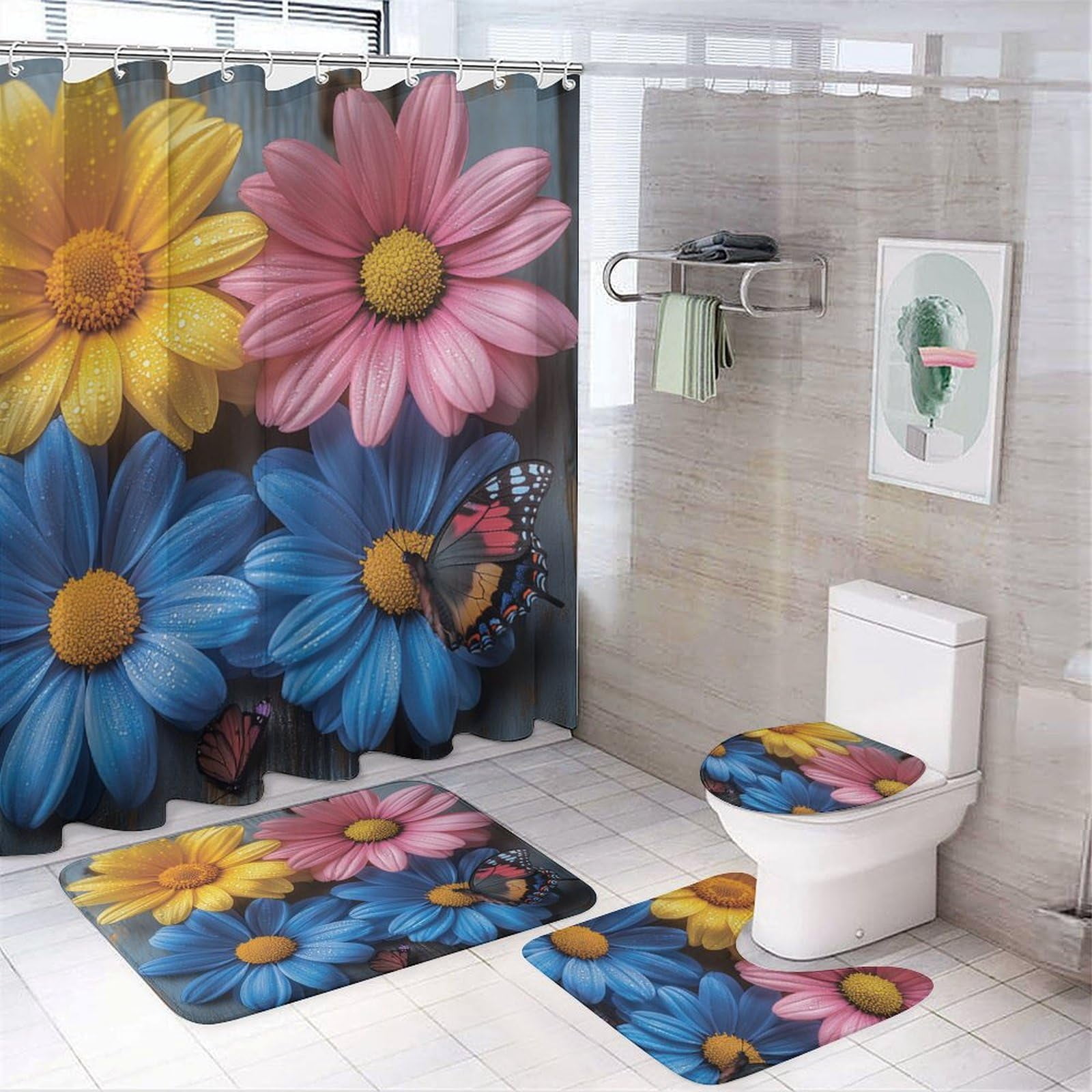 Bathroom Rugs Sets 4 Piece with Shower Curtain, Deep Green Leaves ...