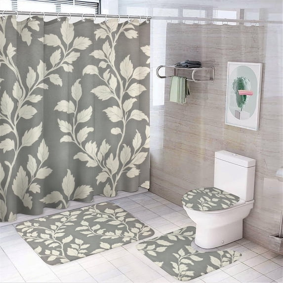 Bathroom Rugs Sets 4 Piece with Shower Curtain, Forest Mountain Pattern ...