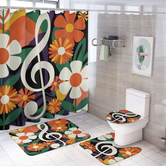 Bathroom Rugs Sets 4 Piece with Shower Curtain, Spring Pattern Printed ...