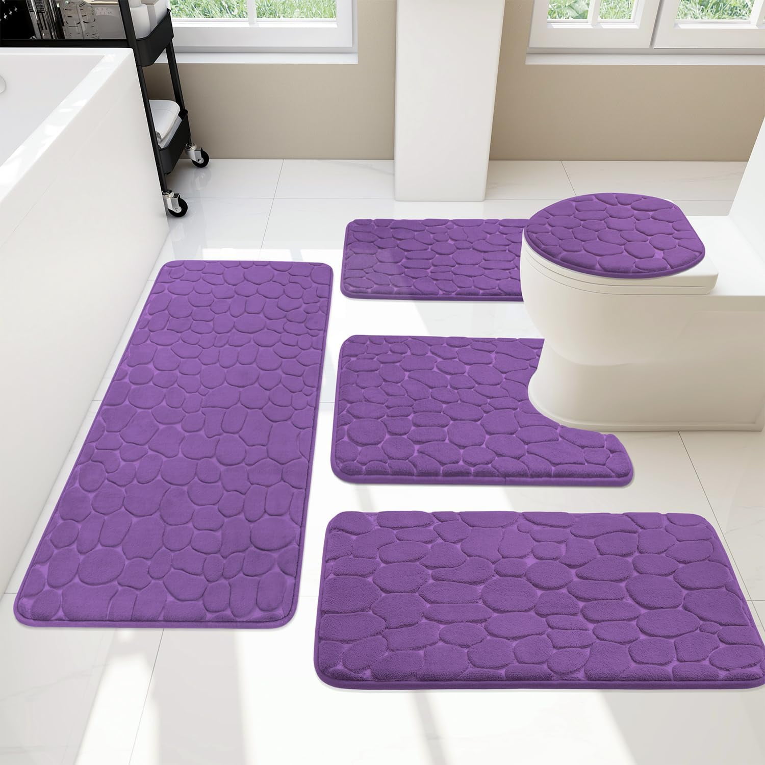 Bathroom Rugs Sets 5 Piece, Cobblestone Memory Foam Bathroom Mats Set ...