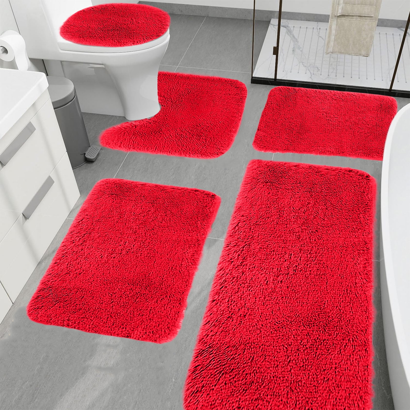 Bathroom Rugs Sets 5 Piece, Plush Bathroom Mats Set Extra Thick, Non ...