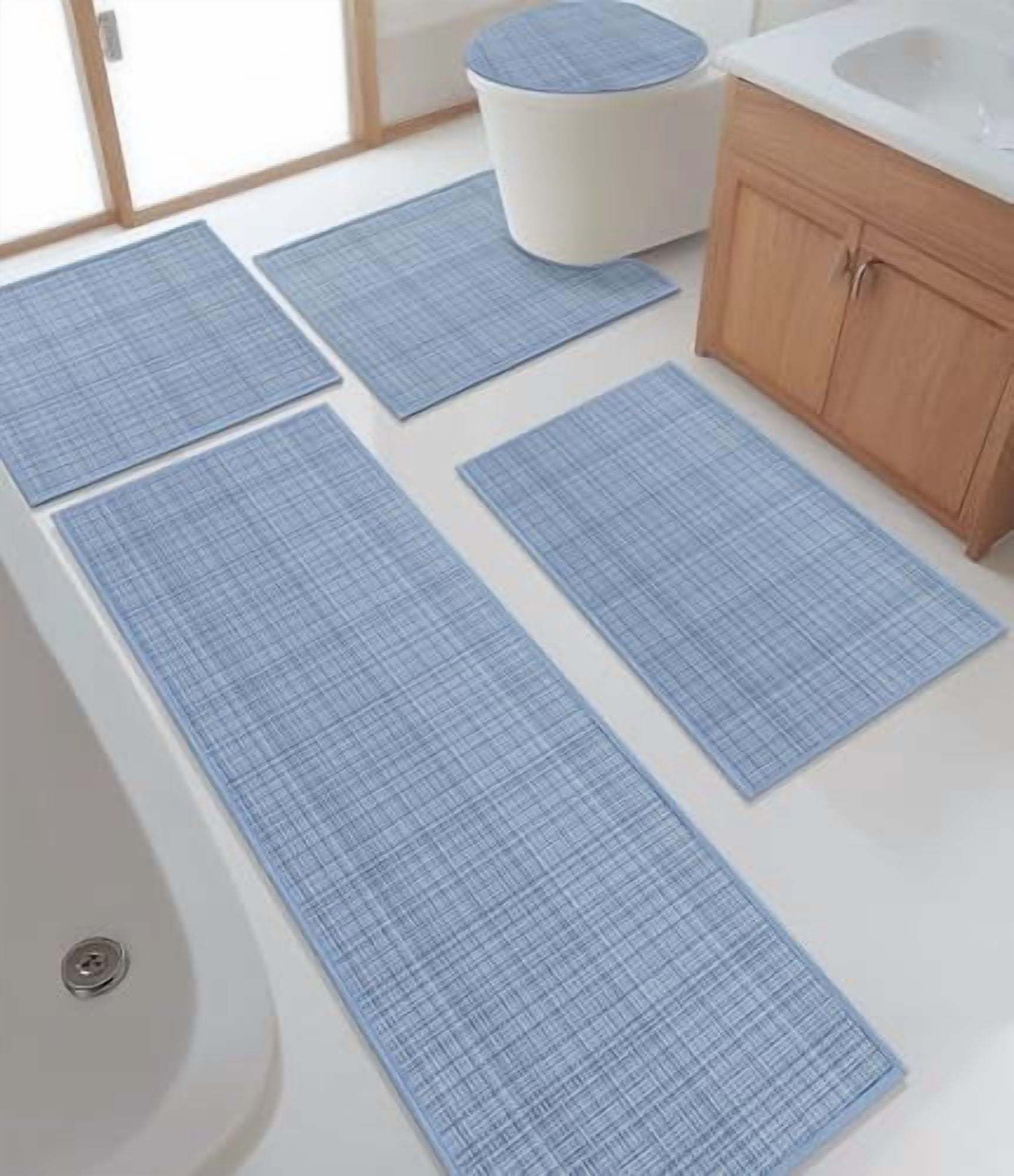 Bathroom Rugs Sets 5 Pieces, Blue Ultra Thin Bath Mats Fit Under Door ...