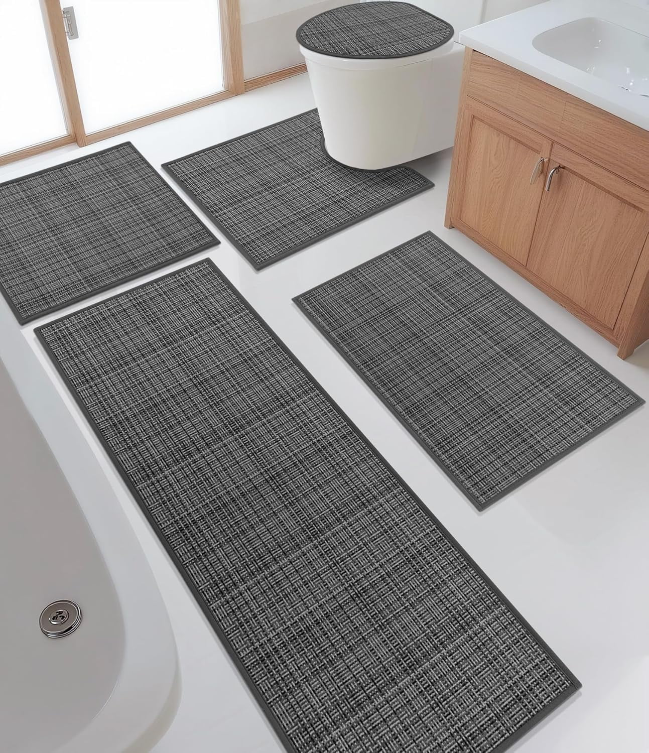 Bathroom Rugs Sets 5 Pieces, Dark Grey Ultra Thin Bath Mats Fit Under ...