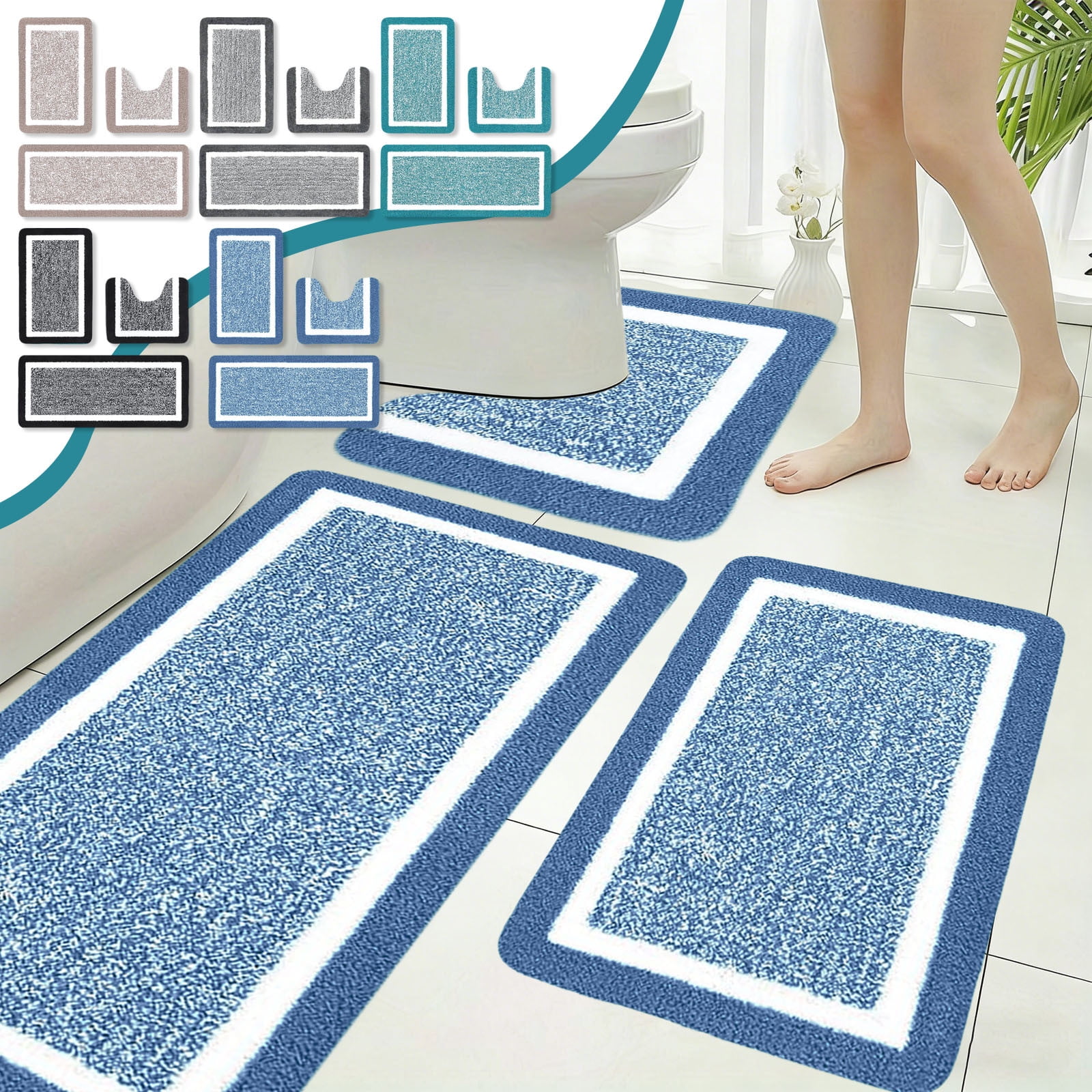 Bathroom Rugs Sets Plush Non-Slip Shower Rug with U-Shaped Toilet Mat ...