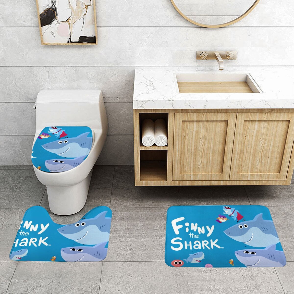 Bathroom Rugs Sets for Finny the shark 3 Piece with Toilet Lid Cover ...