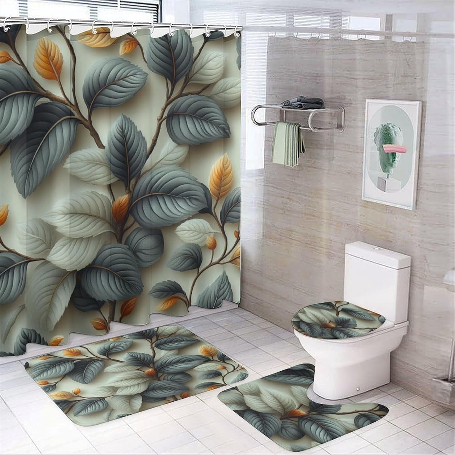Bathroom Rugs and Shower Curtain Sets, Leaf and Vine Pattern Printed on ...