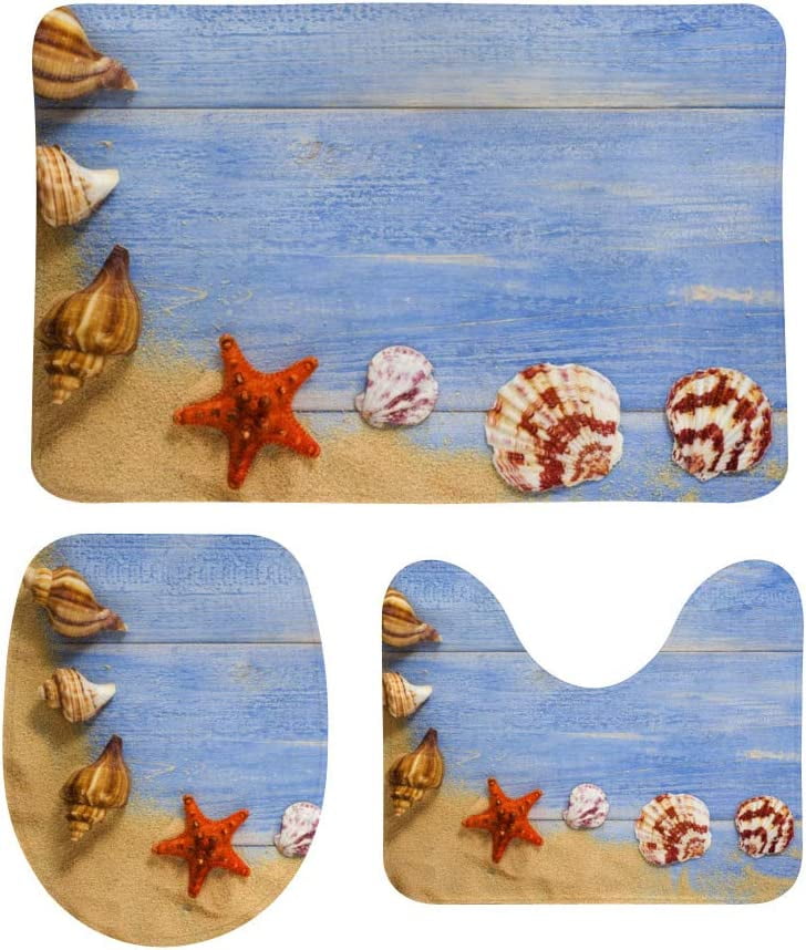 Bathroom Rugs and Mats Sets 3 Piece Sea Shells StarPattern Washable Non ...