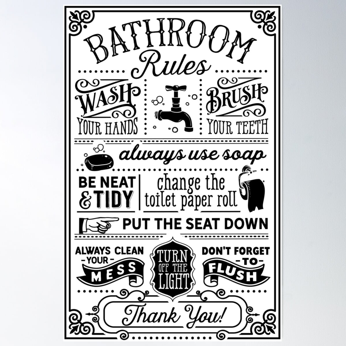 Bathroom Rules Poster Wall Art, Modern Wall Decor For Living Room ...