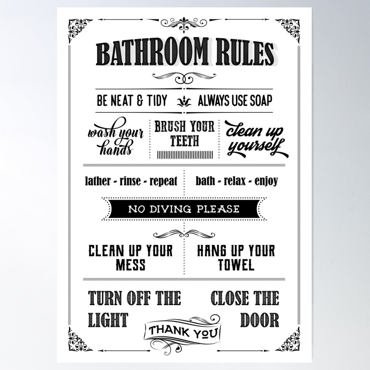Bathroom Rules Poster Wall Art, Modern Wall Decor For Living Room ...