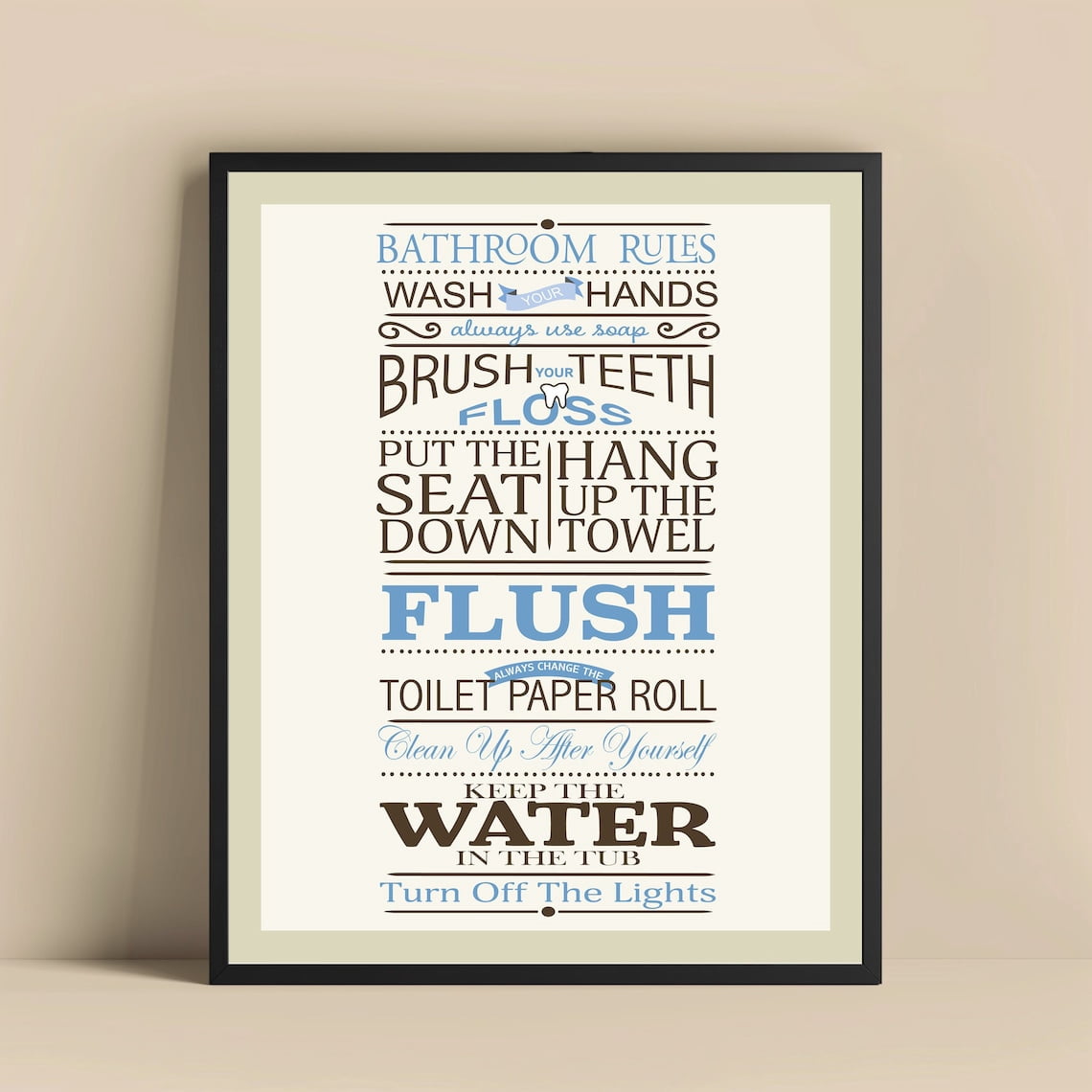 Bathroom Rules Wash Brush Flush Restroom Quirky Home Decor, Unframed ...