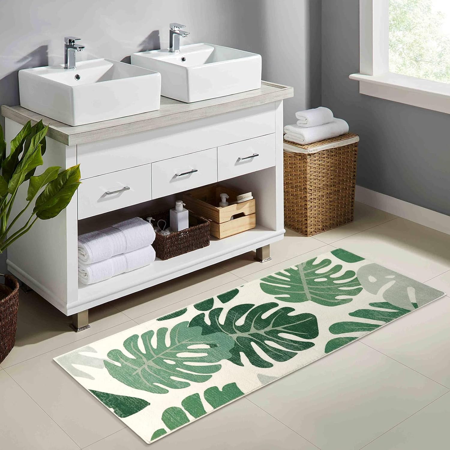 Bathroom Runner Rugs, Green Leaf Non-Slip Bath Mat, Small Long Bath ...