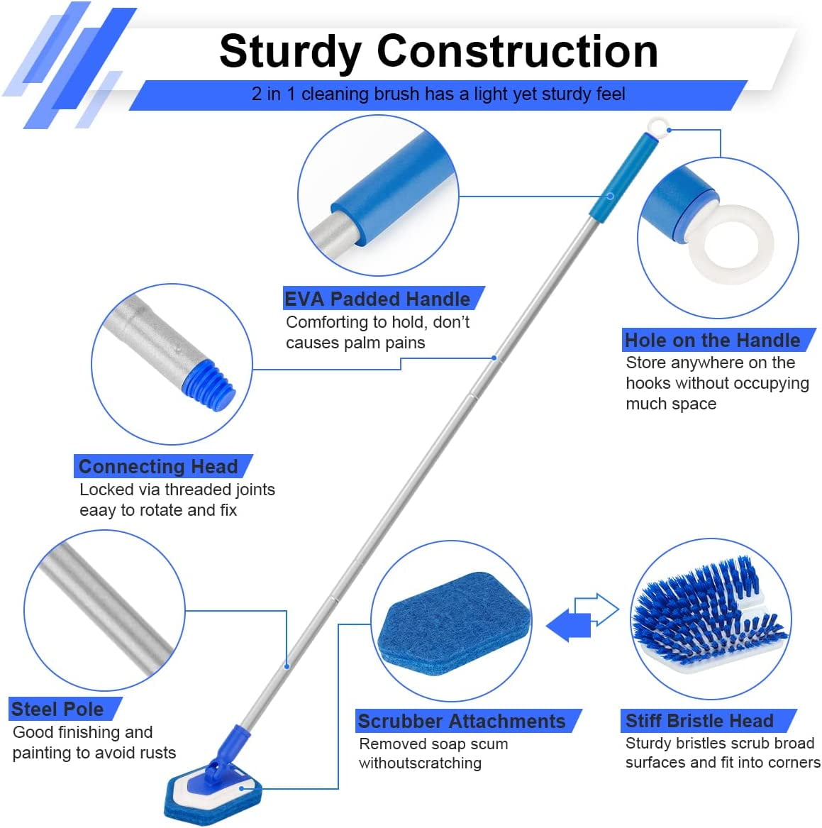 Bathroom Scrubber with Extendable Long Handle 50'' -2-in-1 Tub and Tile ...