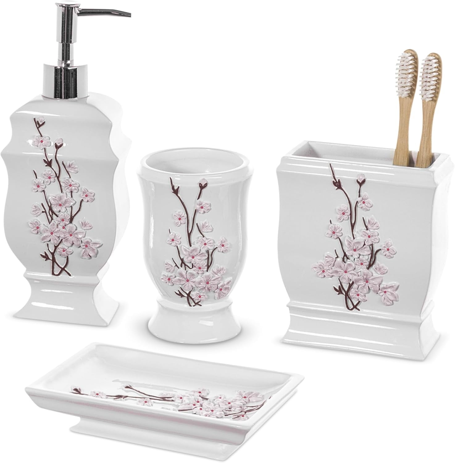 Bathroom Set - Cherry Blossom White Bathroom Accessories Set - 4 Piece ...