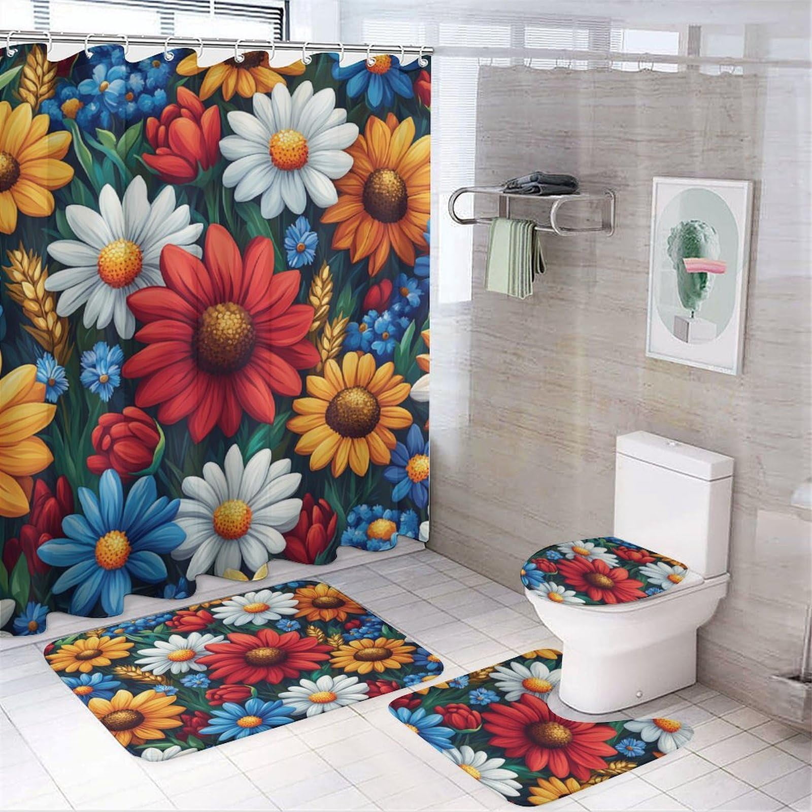 Bathroom Set with Shower Curtain and Rug, Floral Pattern Printed on ...