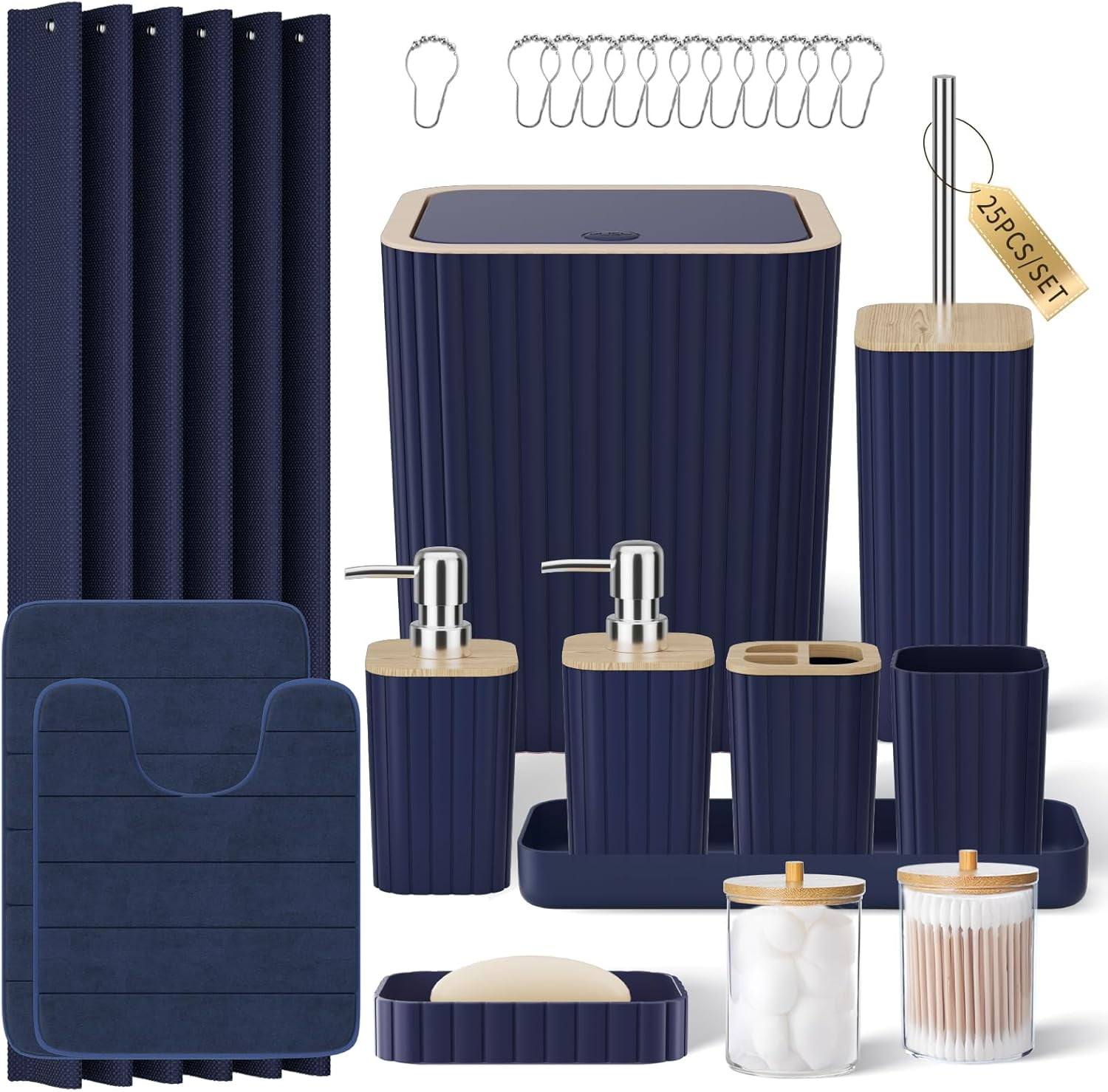 Bathroom Set with Shower Curtain and Rugs- 25PC Blue Bathroom Set, Blue ...
