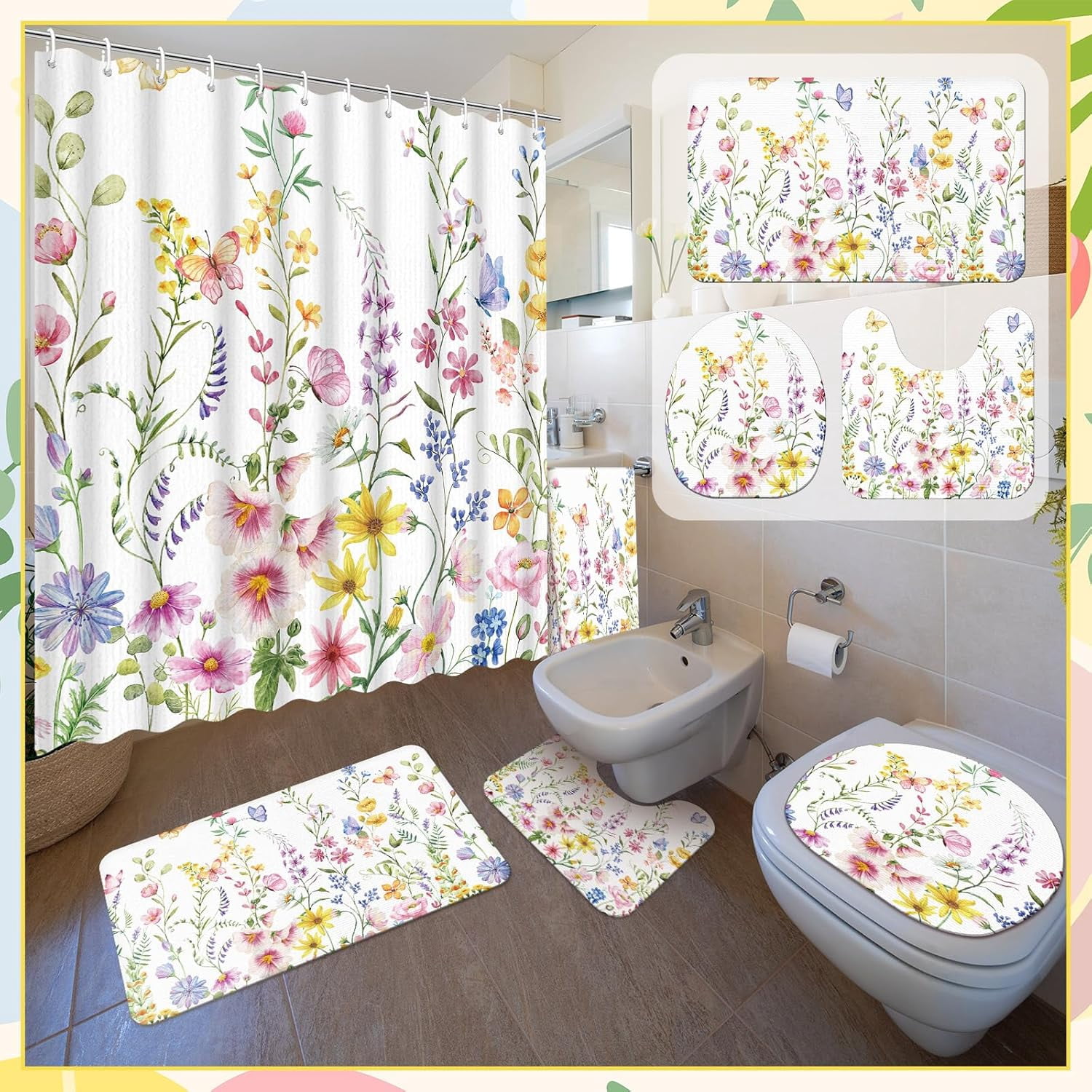 Bathroom Set with Shower Curtain, U Shape Bath Mat, Toilet Lid Cover ...