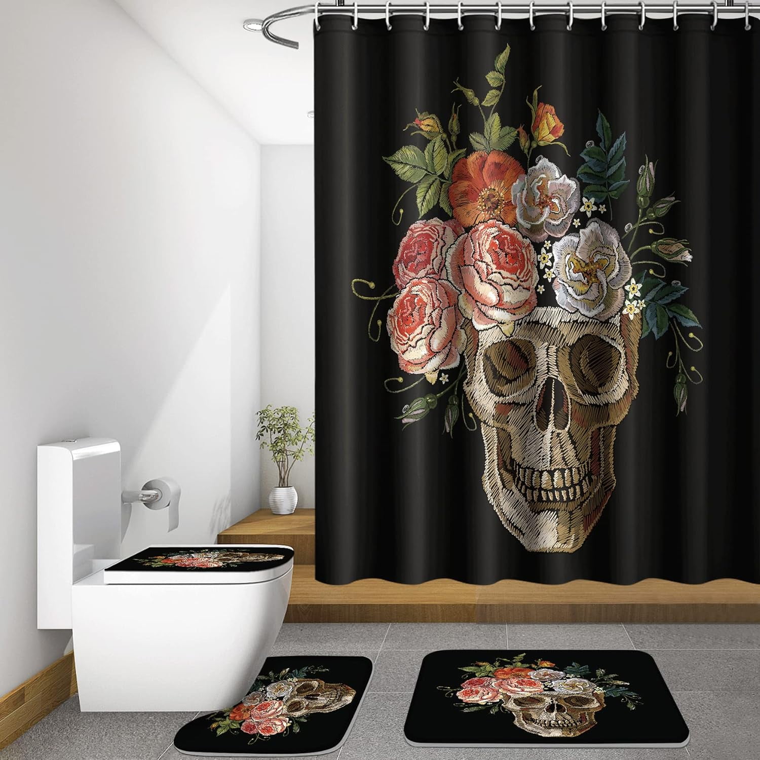 Bathroom Sets with Shower Curtain and Rugs Toilet Lid Cover, Romanntic ...