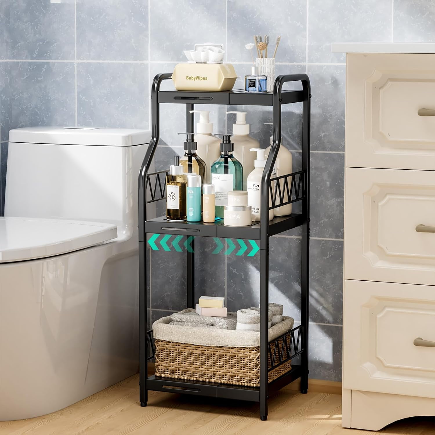 Bathroom Shelf Unit Organizer - 3 Tier Expandable Narrow Shelf, Metal ...