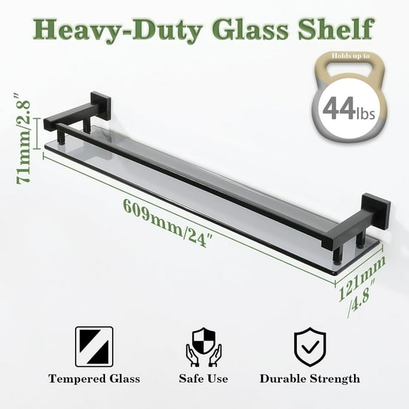 Bathroom Shelf Wall Mounted, Matte Black Large Capacity Glass Shelf for ...