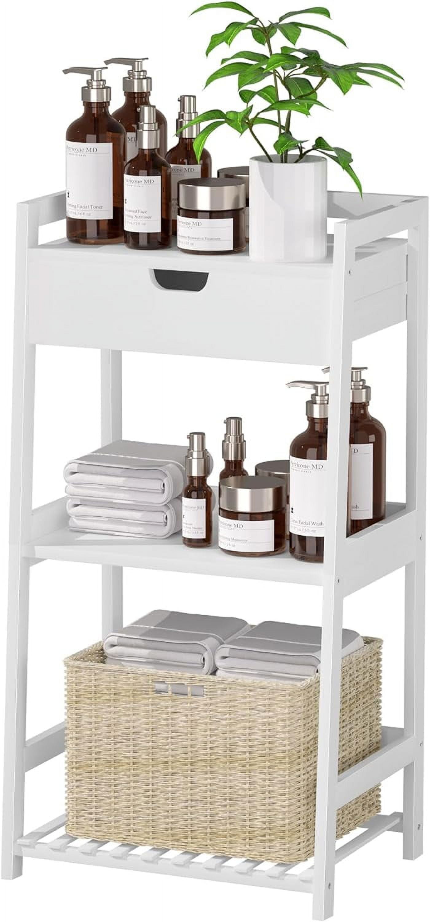 Bathroom Shelves, 3 Tier Ladder Shelf with Drawers, Bamboo Bookshelf ...