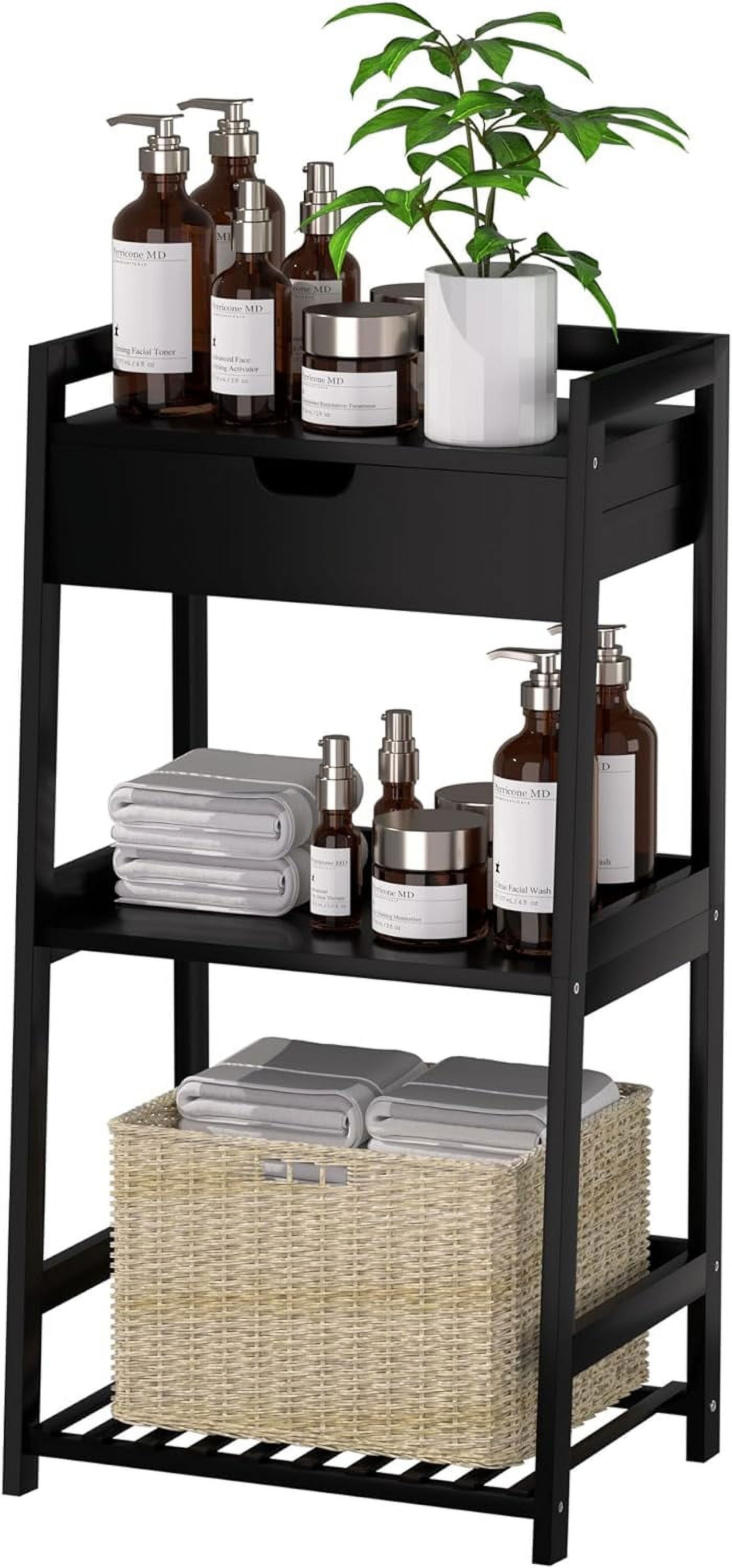 Bathroom Shelves, 3 Tier Ladder Shelf with Drawers, Bamboo Bookshelf ...