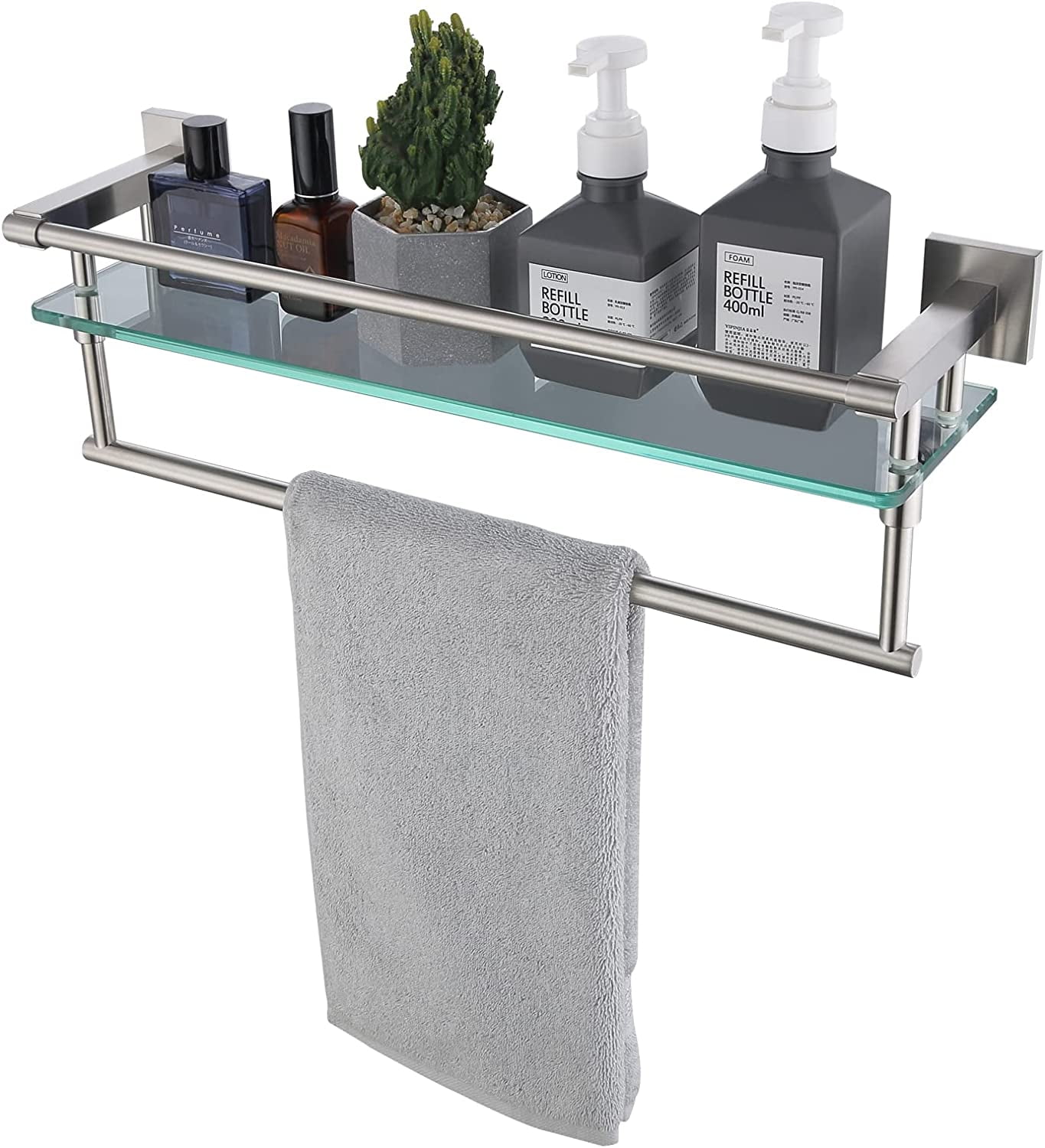 Bathroom Shelves with Towel Holder Rustproof 20'' Bathroom Tempered ...