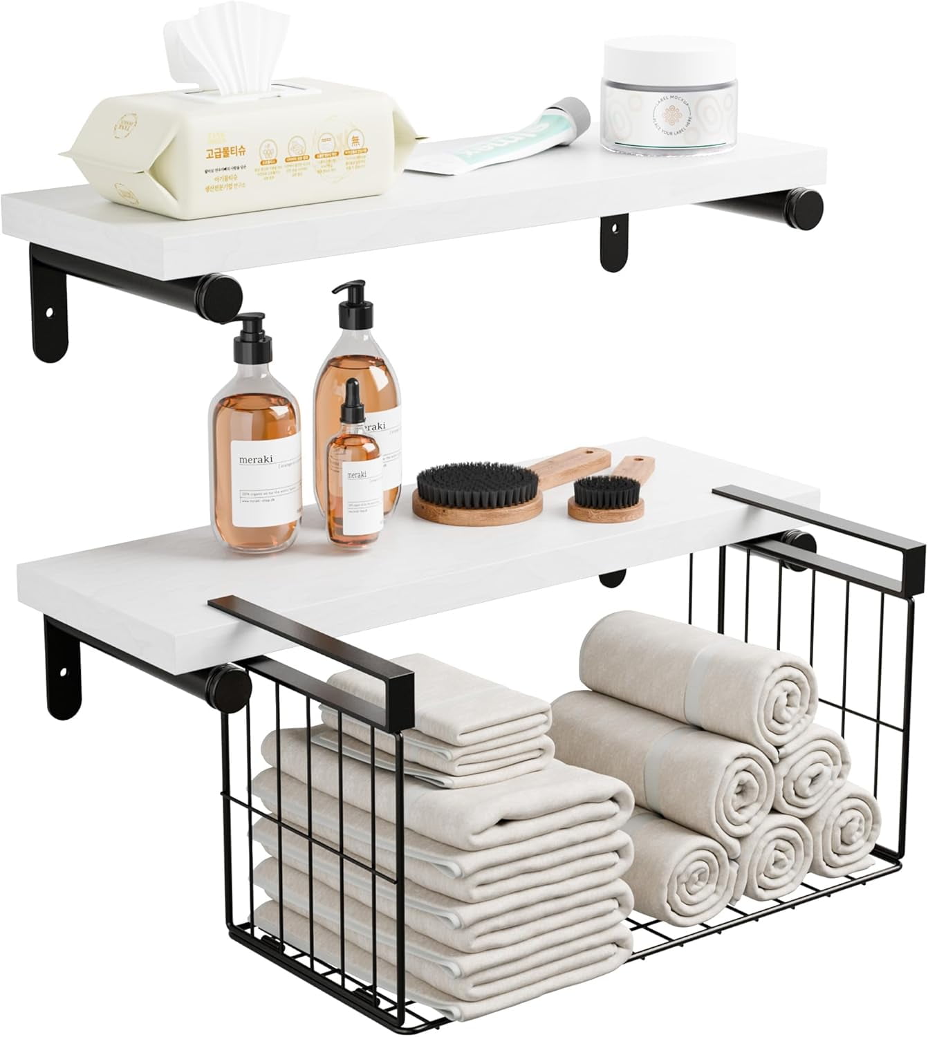 Bathroom Shelves Wall Mounted with Toilet Paper Holder, Set of 2 Wooden ...