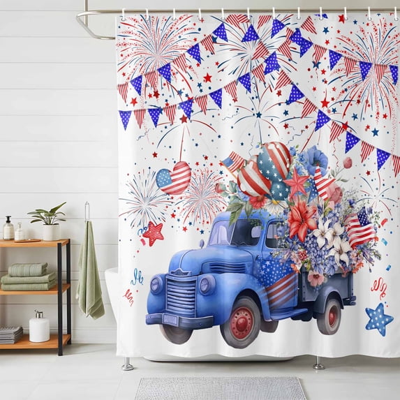 Bathroom Shower Curtain 4th of July Blue Truck Flower Balloon ...