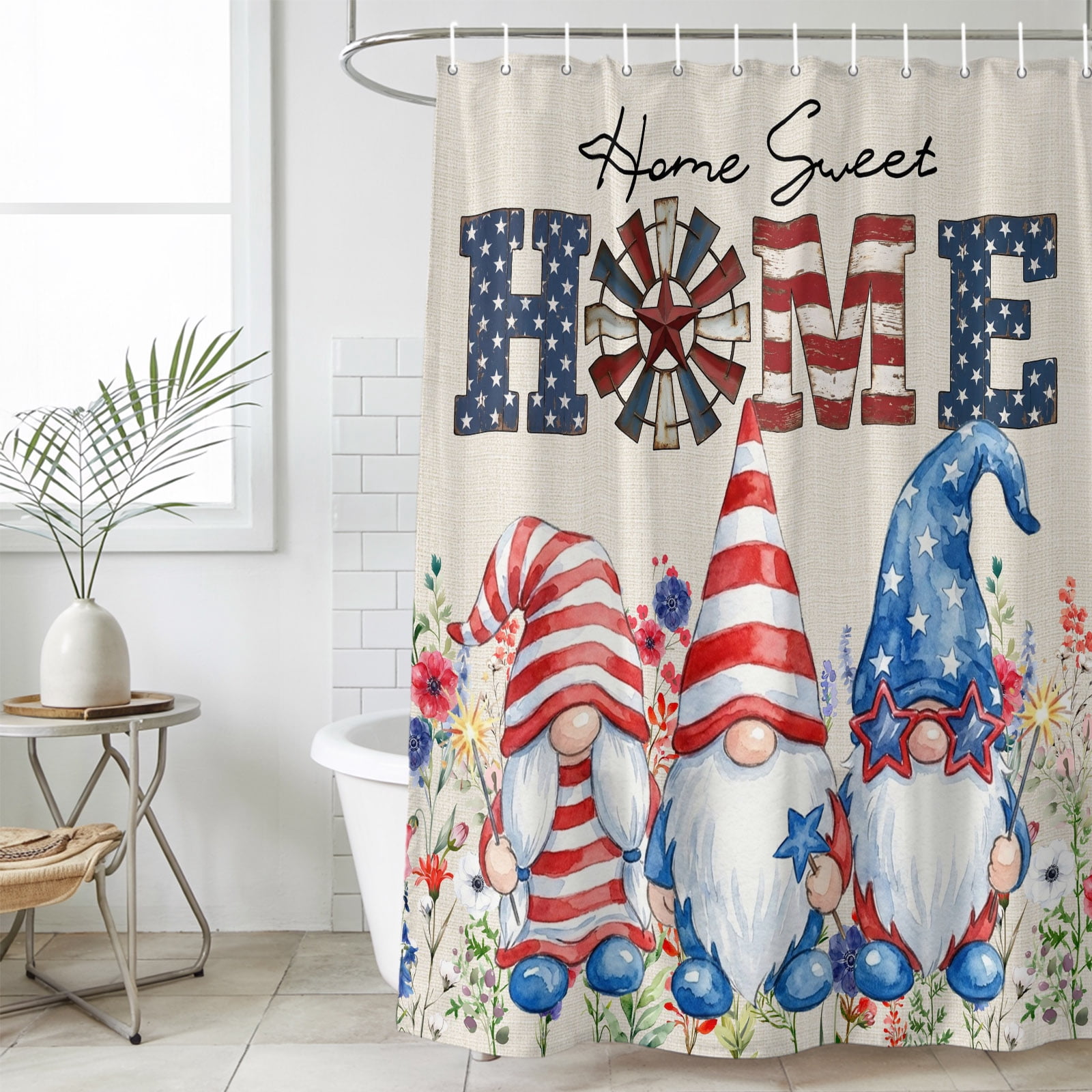 Bathroom Shower Curtain 4th of July Red Blue Patriotic Gnome Waterproof ...
