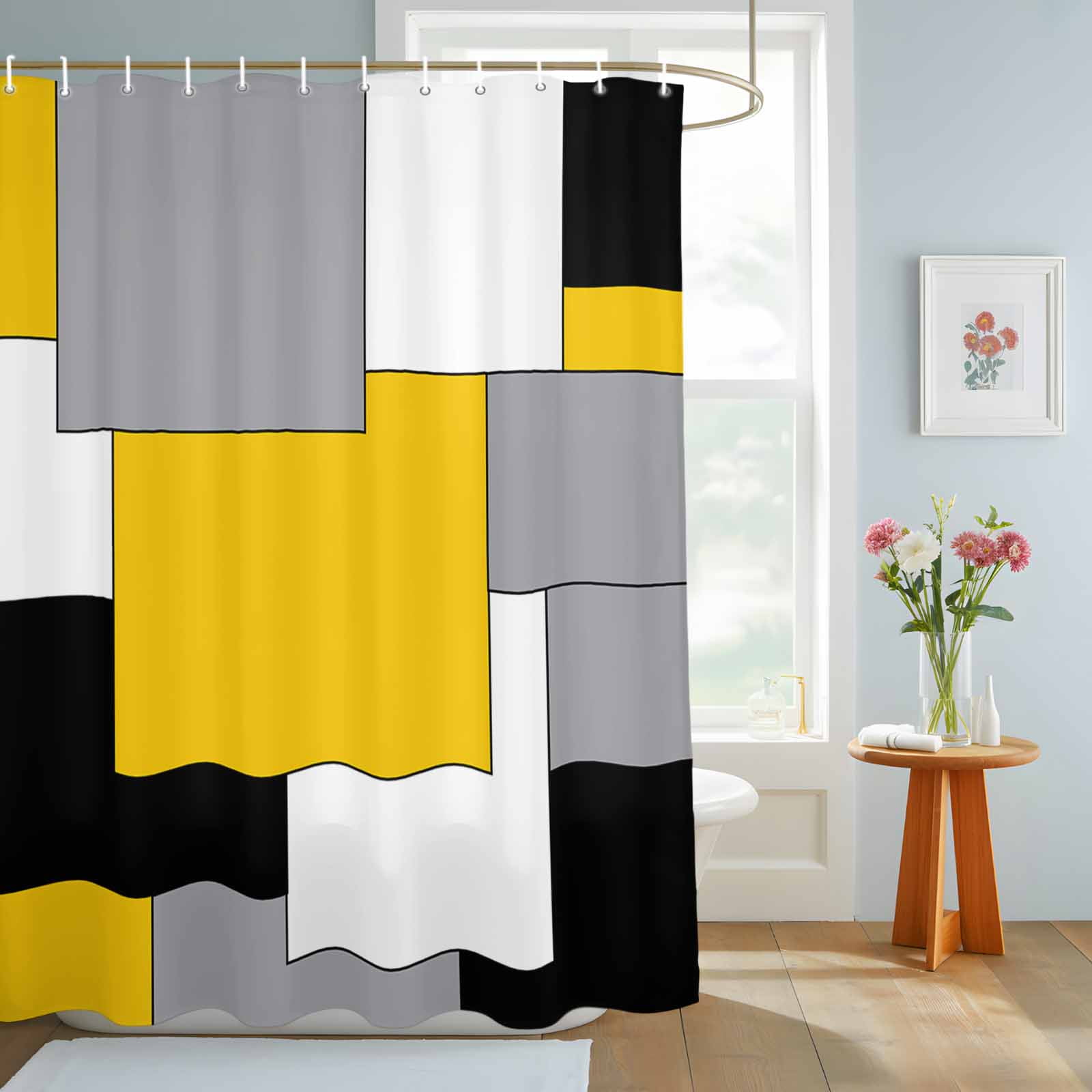 Bathroom Shower Curtain Abstract Blocks Art Paint Plaid Waterproof ...