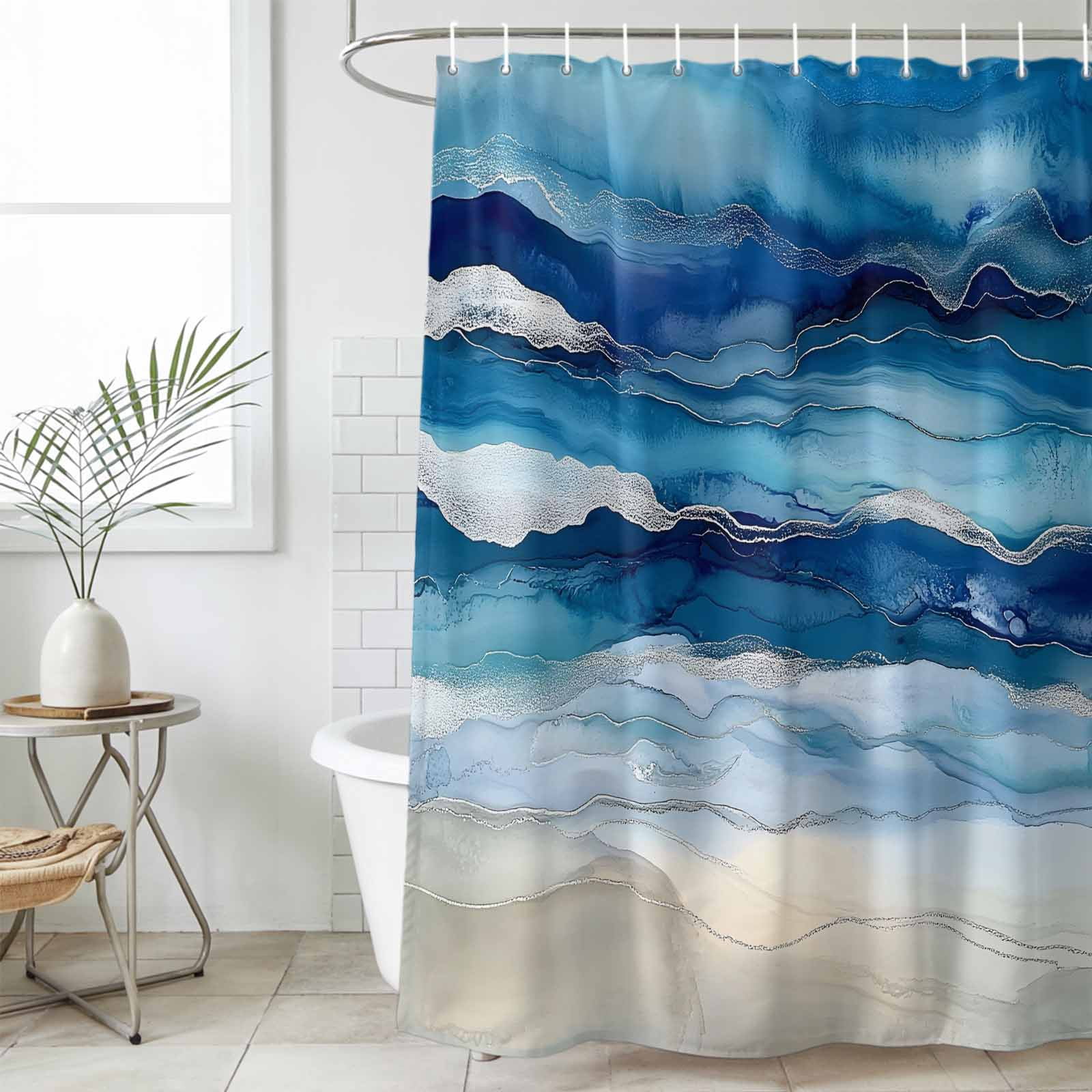 Bathroom Shower Curtain Abstract Blue Gradients Ocean Waves Waterproof ...