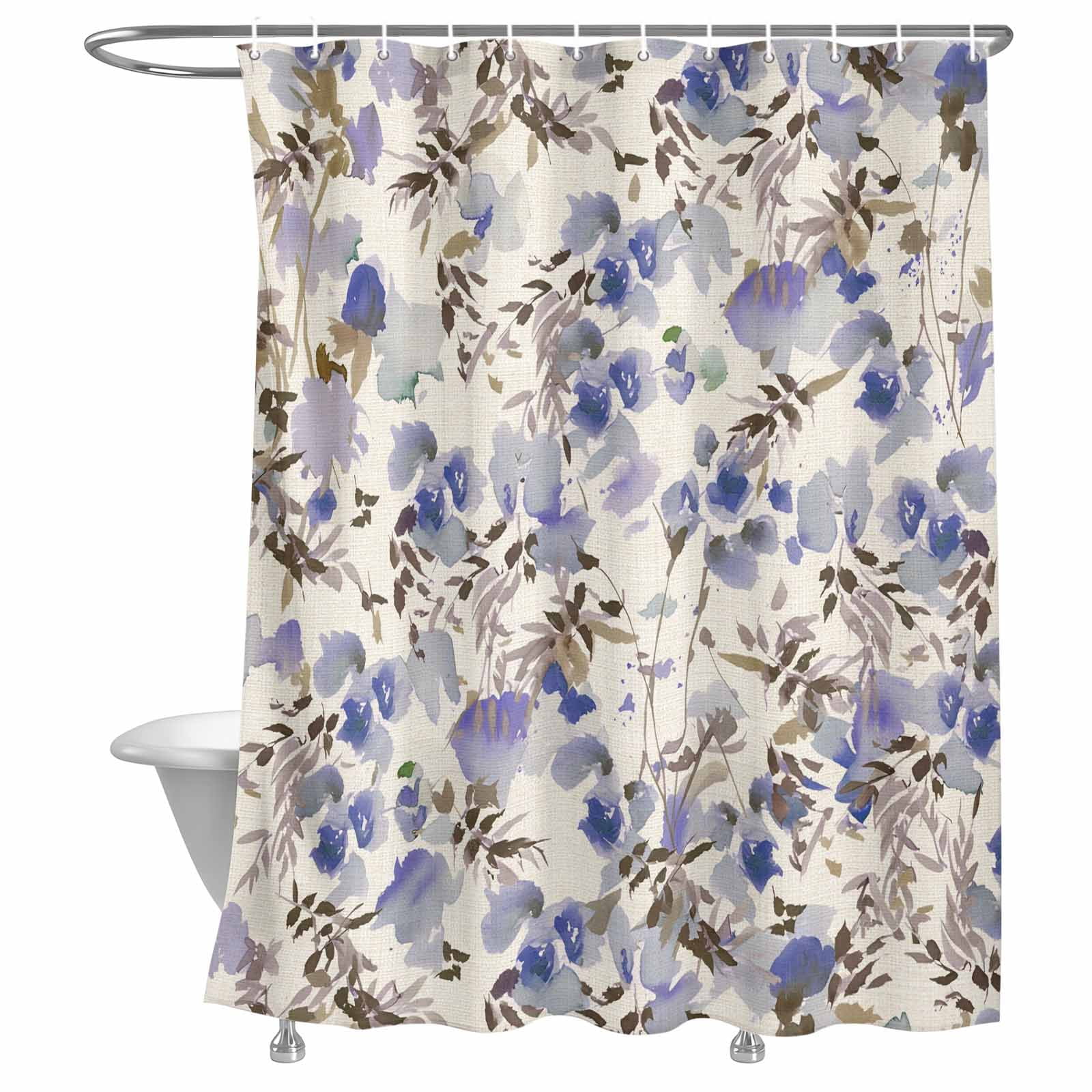 Bathroom Shower Curtain Abstract Blue Purple Flower on Linen Waterproof ...